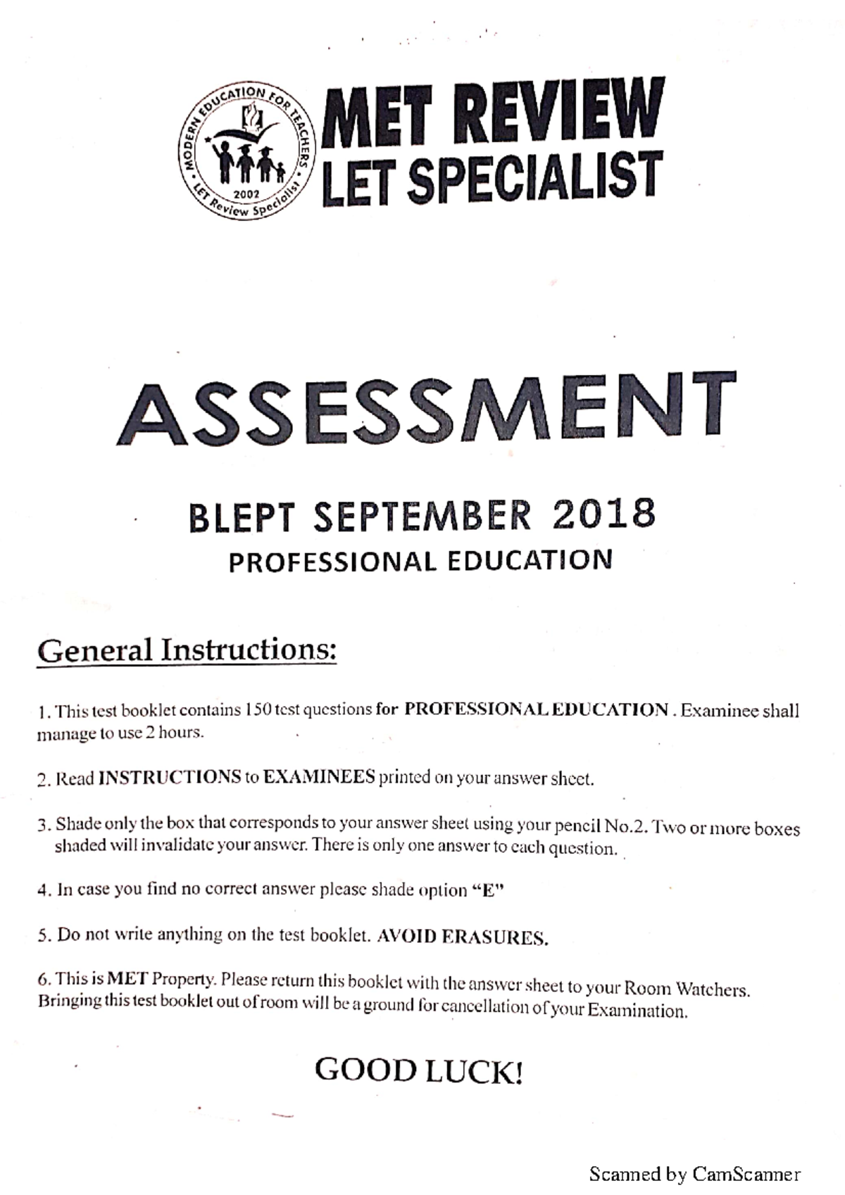 MET Assessment 2018 - LET Reviewer - Education - Studocu