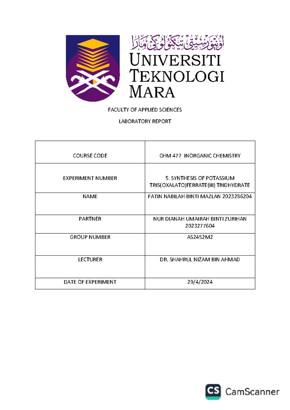 Fatin Nabilah Binti Mazlan - FACULTY OF APPLIED SCIENCES LABORATORY ...
