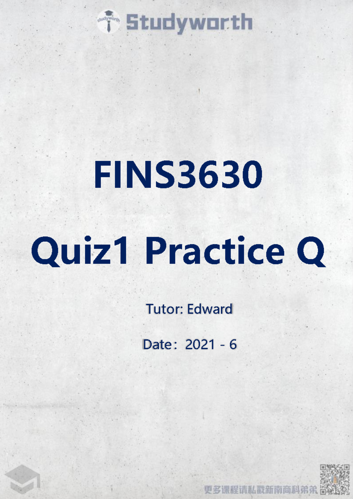 FINS3630 Quiz 1Mock Practice - FINS3630 - UNSW Sydney - Studocu