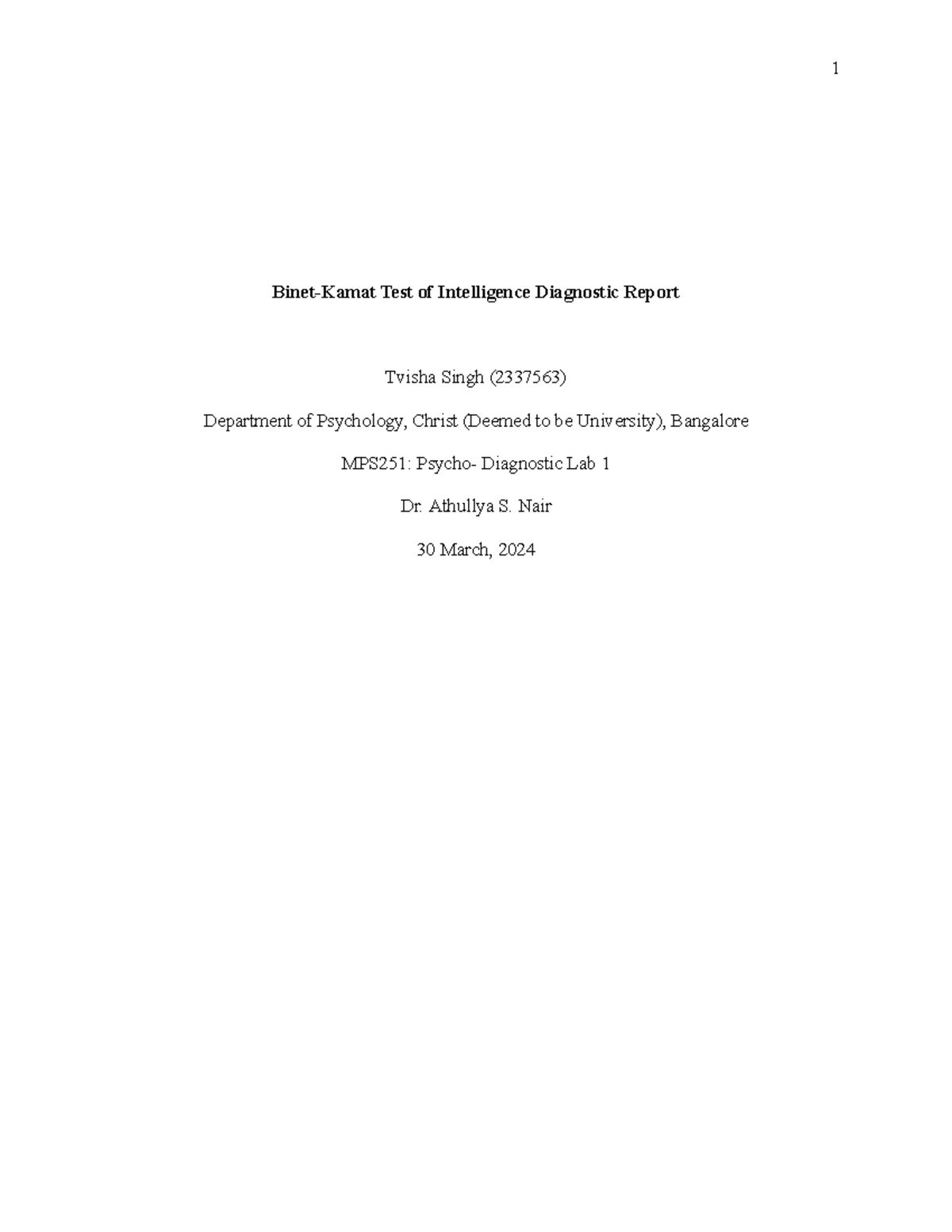 BKT experiment - Binet-Kamat test of intelligence - KS ANISHA 2339324 ...