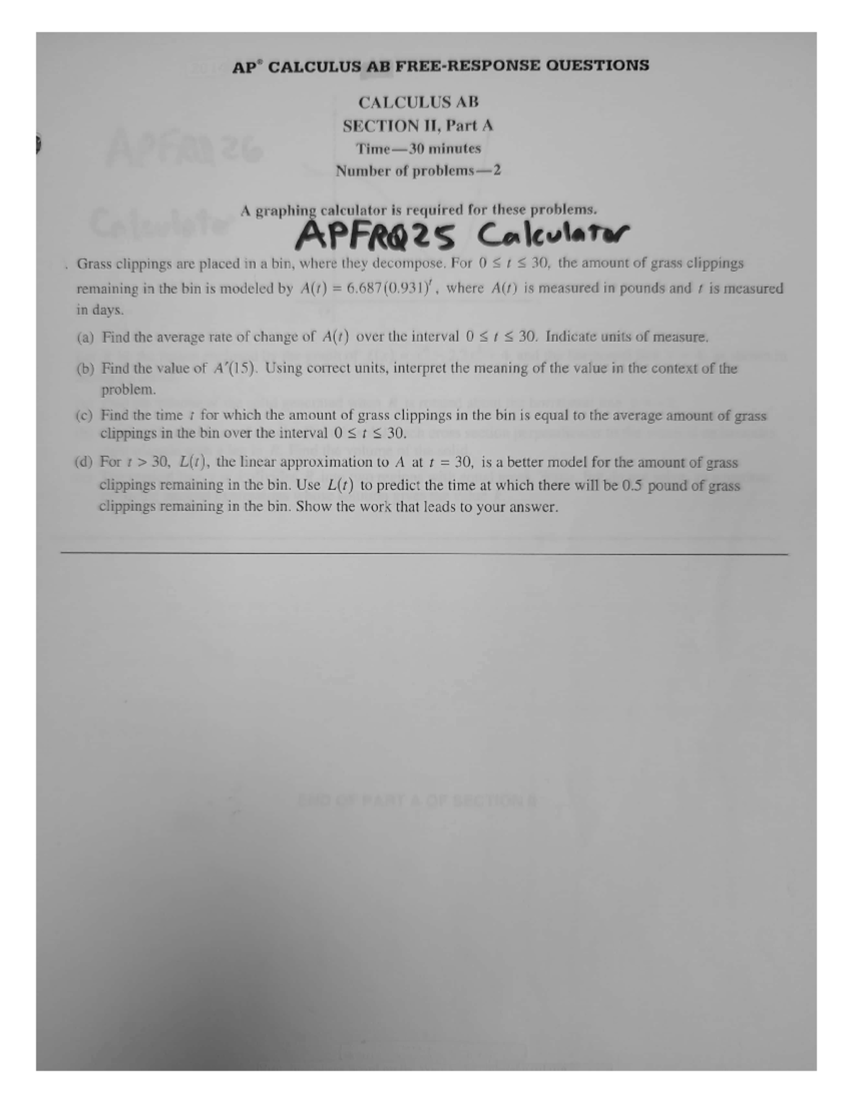 AP Calc AB FRQs 25-36 - FRQ - CALCULUS AB QUESTIONS CALCULUS AB SECTION ...