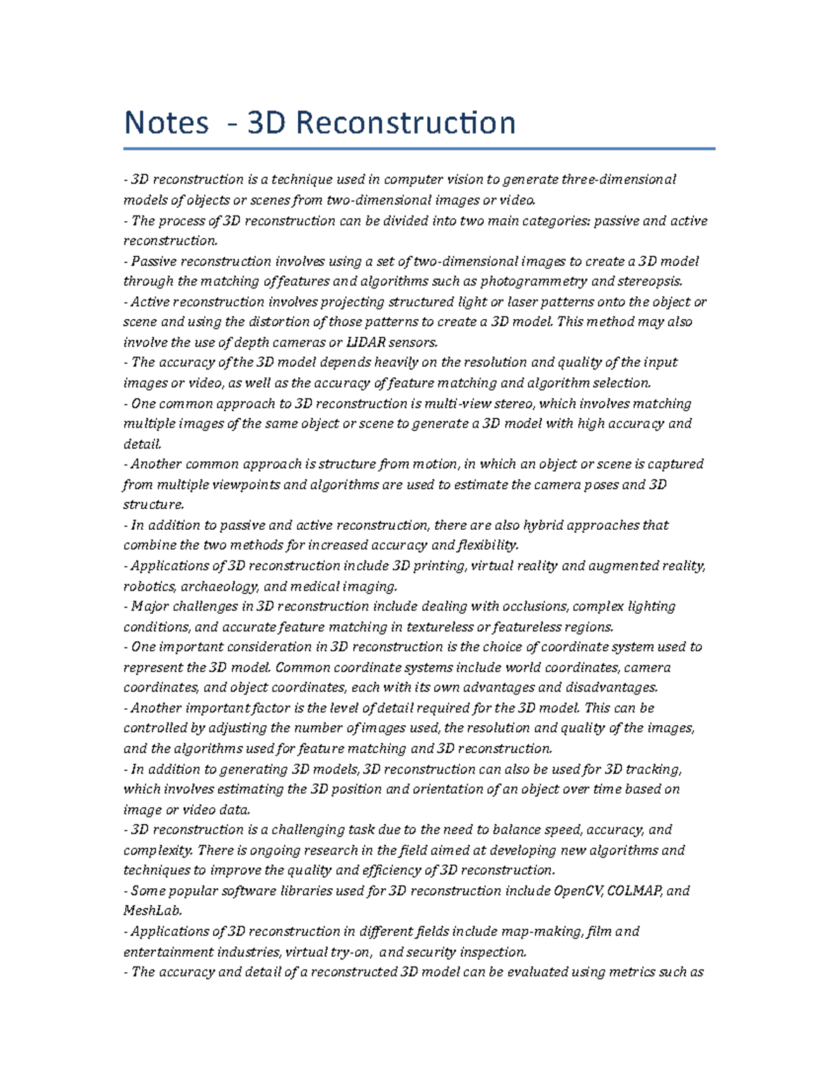 Lecture notes - 3D Reconstruction - Notes - 3D Reconstruction 3D ...