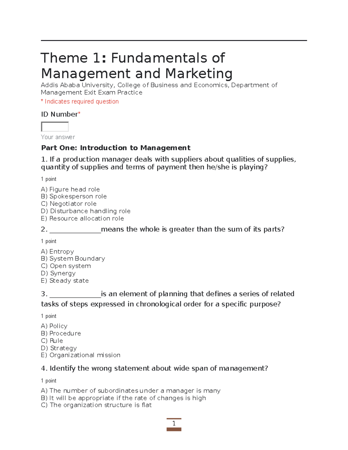 Exit Exam Questions 2015 Theme 1 Fundamentals Of Management And 4623