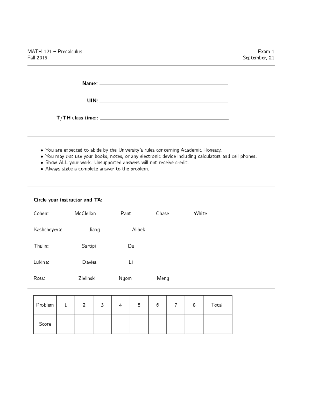 Math121 first fall2015 - MATH 121 – PrecalculusFall 2015 September ...