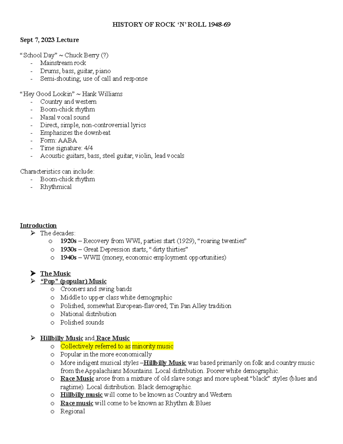 Class notes up to Exam 1 - HISTORY OF ROCK ‘N’ ROLL 1948- Sept 7, 2023 ...