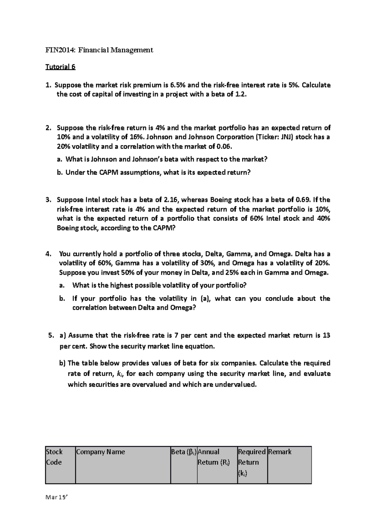 Tutorial 6n-Qns(6) - FIN2014: Financial Management Tutorial 6 1 ...
