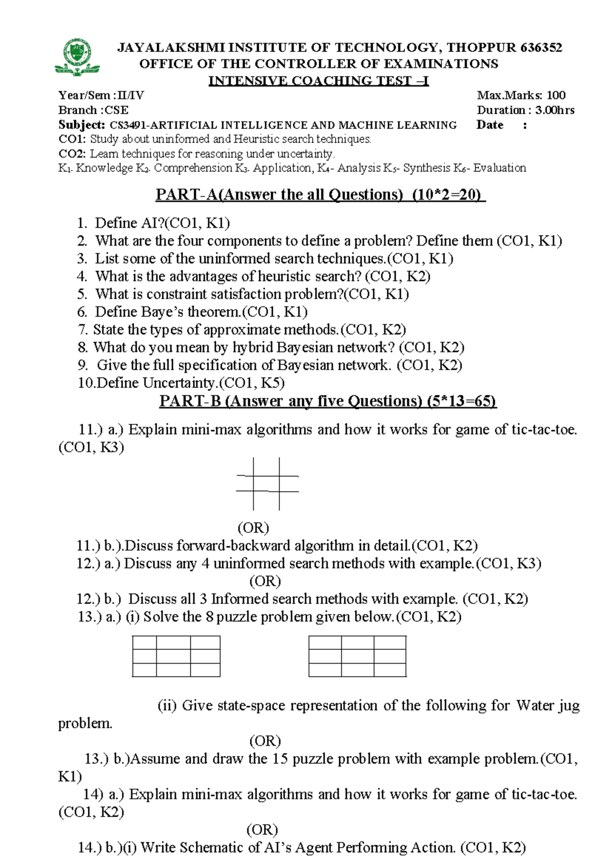 AI&ML ICT-1 - question paper - JAYALAKSHMI INSTITUTE OF TECHNOLOGY ...