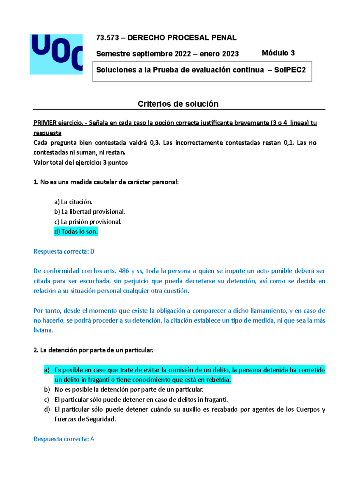 Solucionario PEC - 73 – DERECHO PROCESAL PENAL Semestre septiembre 2022 – enero 2023 Módulo 3 ...
