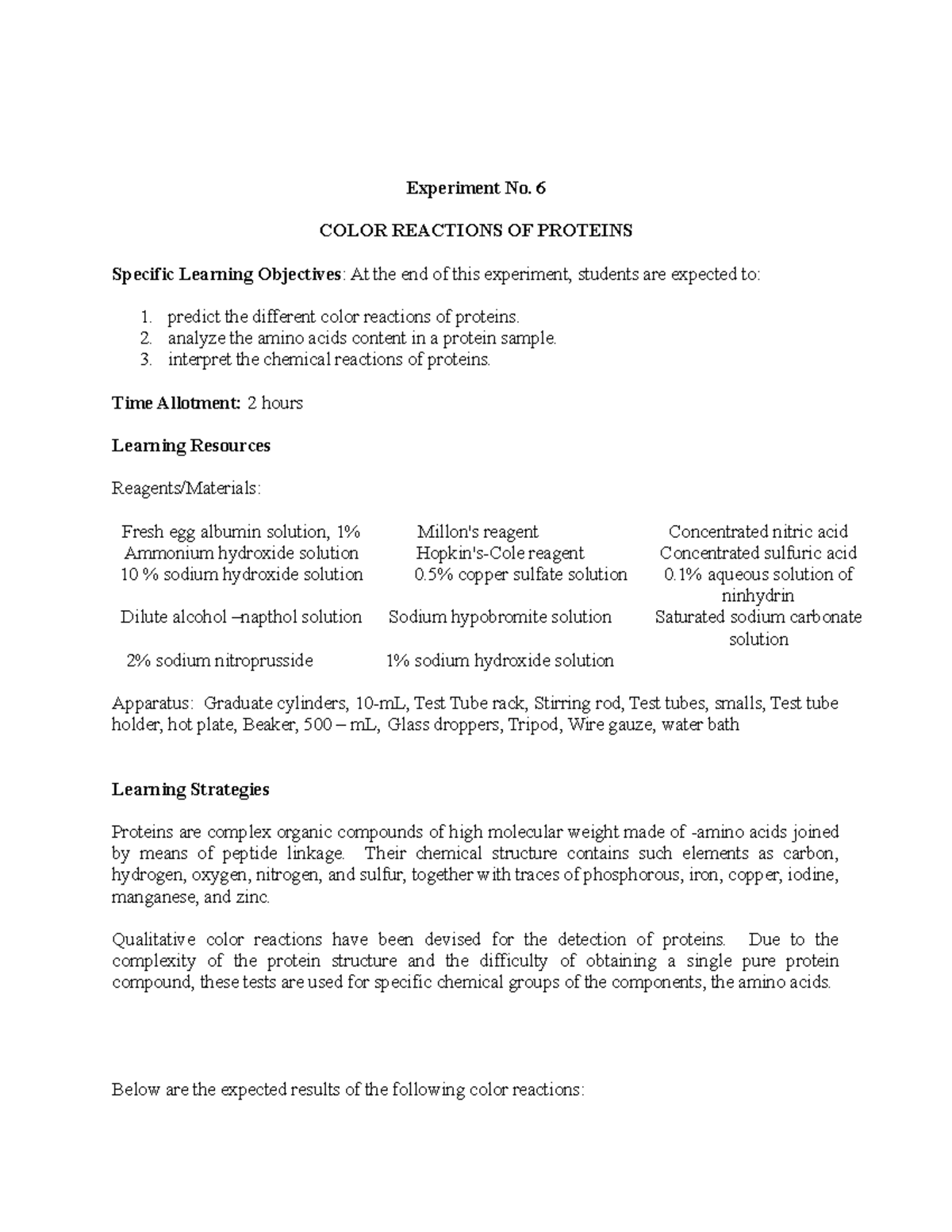 NRG 11 L Biochemistry activity 6 7 - Experiment No. 6 COLOR REACTIONS ...