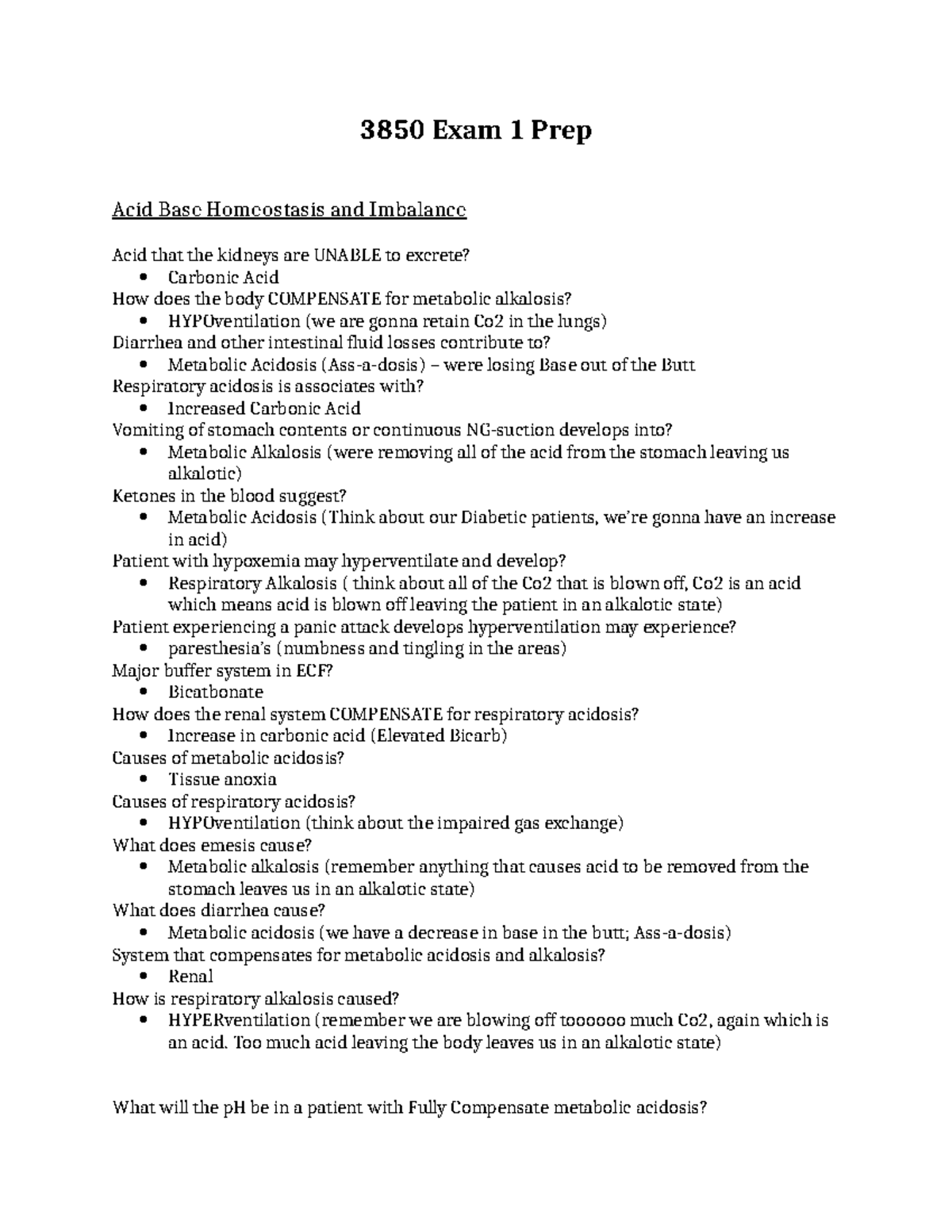 3850 Exam 1 Prep Acid-base - 3850 Exam 1 Prep Acid Base Homeostasis and ...