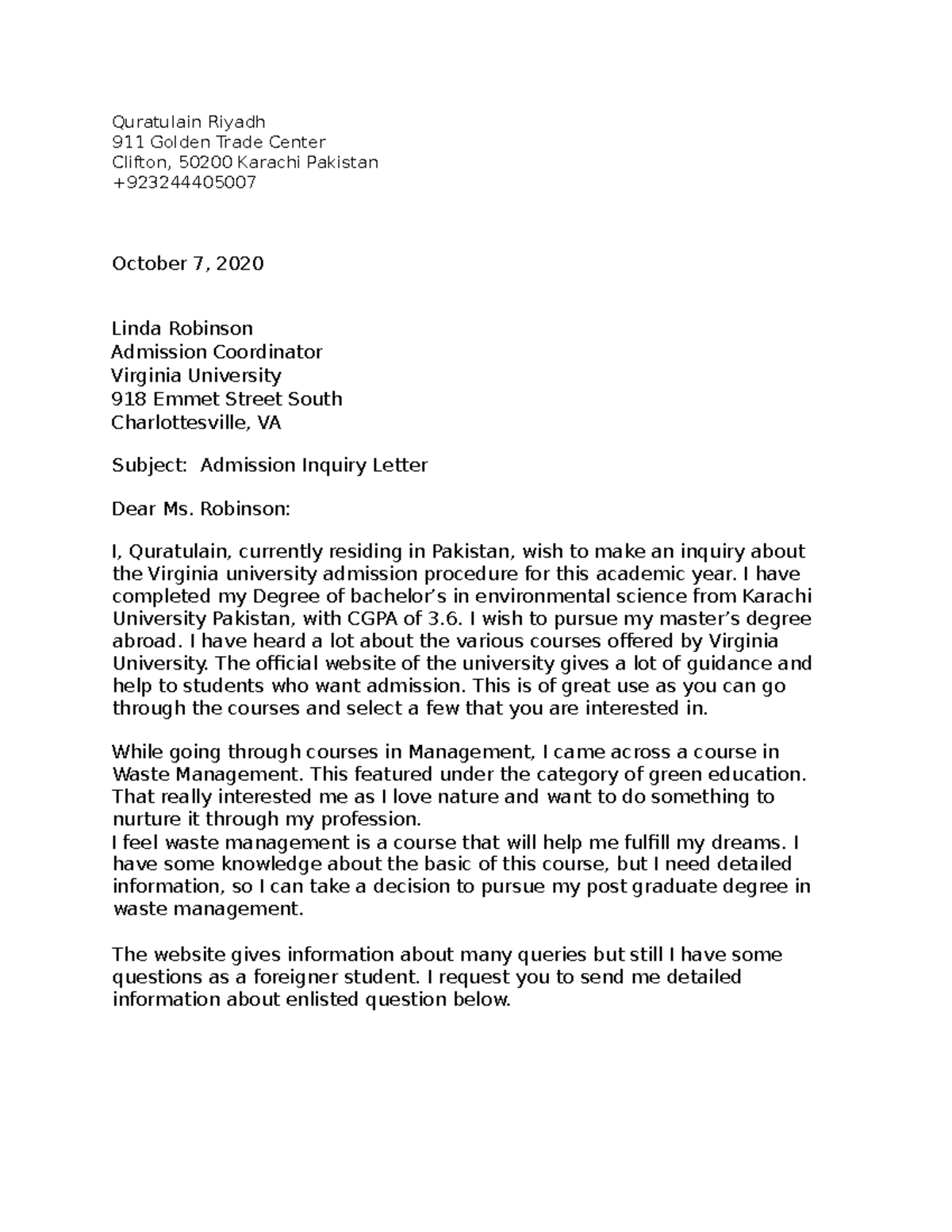 Inquiry letter - english 3 - Quratulain Riyadh 911 Golden Trade Center ...