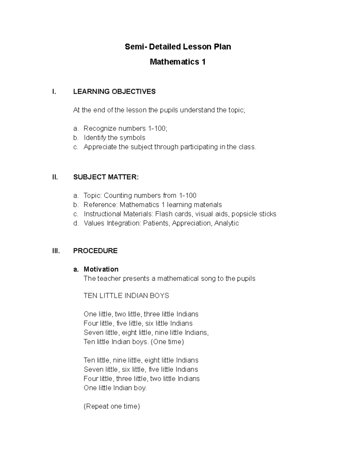 Semi-Detailed Lesson Plan - Semi- Detailed Lesson Plan Mathematics 1 I. LEARNING OBJECTIVES At ...