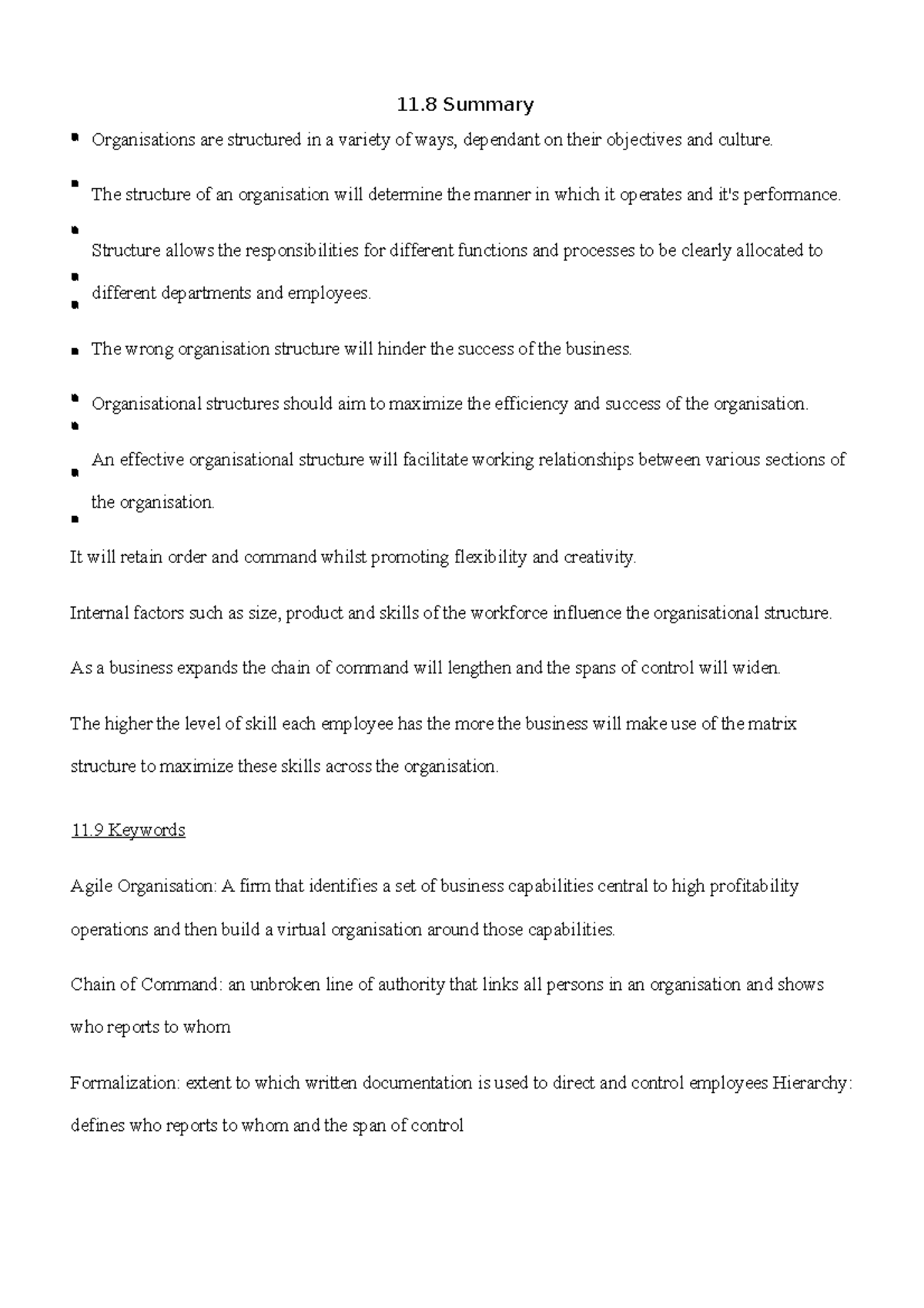 Organisations are structured in a variety of ways summary - 11 Summary ...