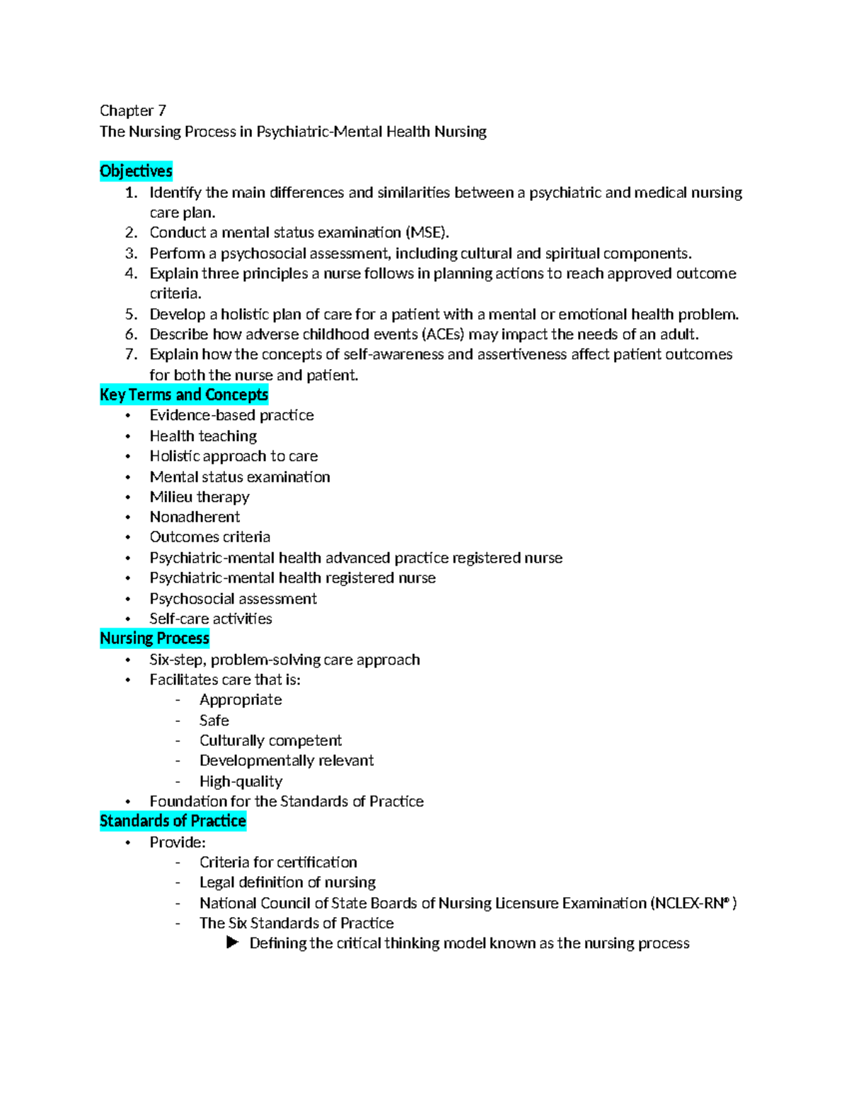 Chapter 7 Psych - Chp 7 lecture notes - Chapter 7 The Nursing Process ...