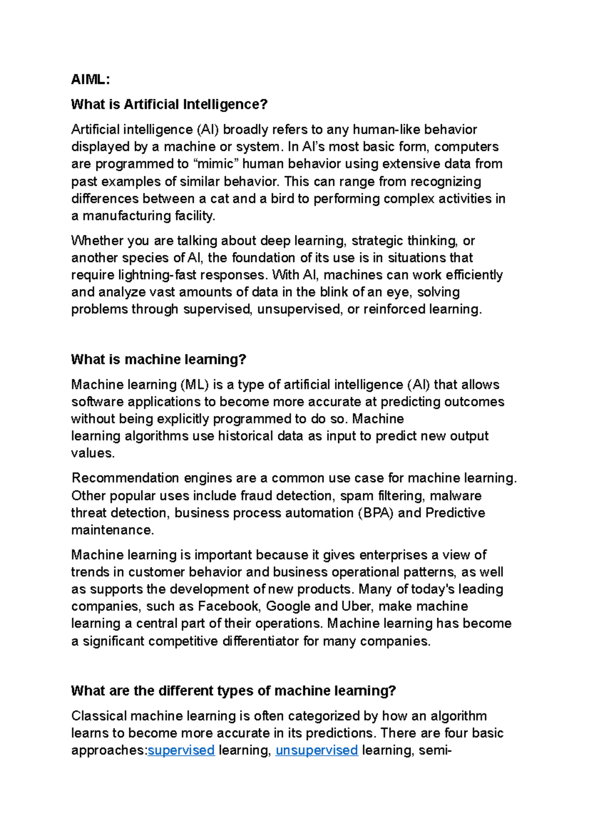 Aiml U 1 Notes On The Basics Of Artificial Intelligence And Machine Learning Aiml What Is 
