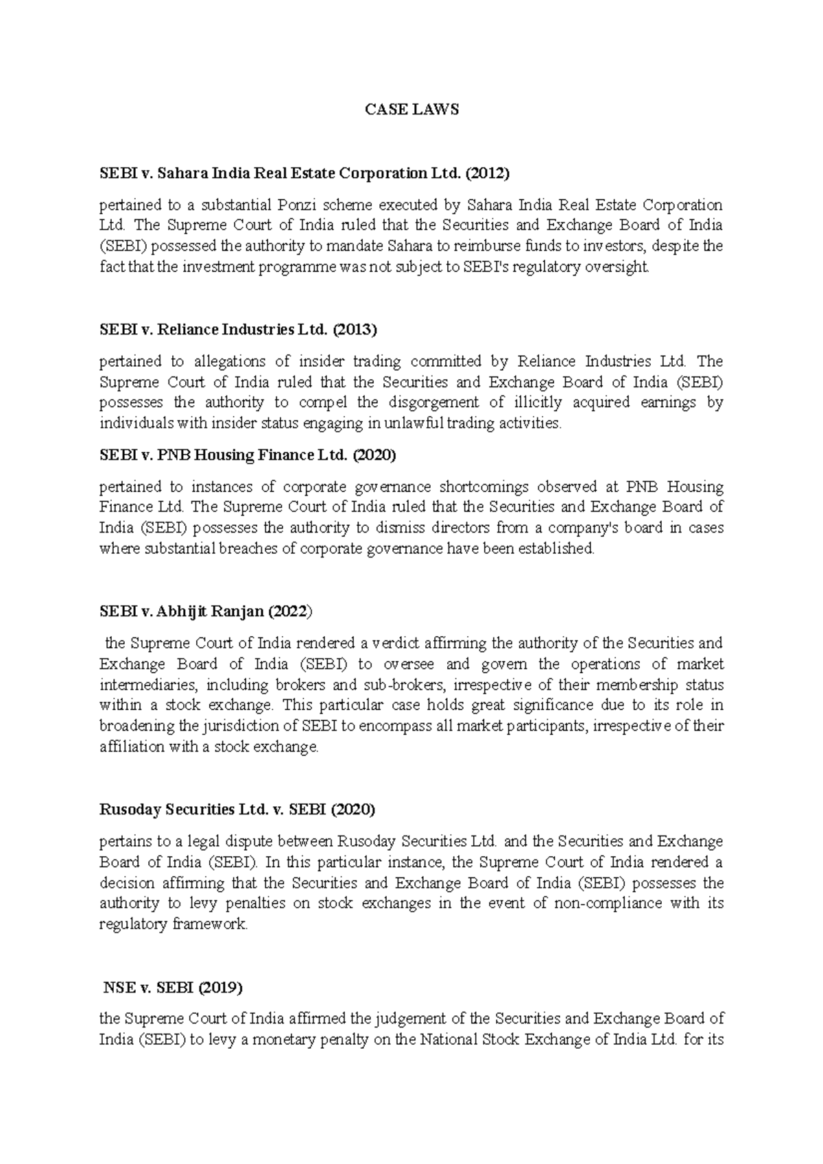 Case Laws for Investment Law - CASE LAWS SEBI v. Sahara India Real ...