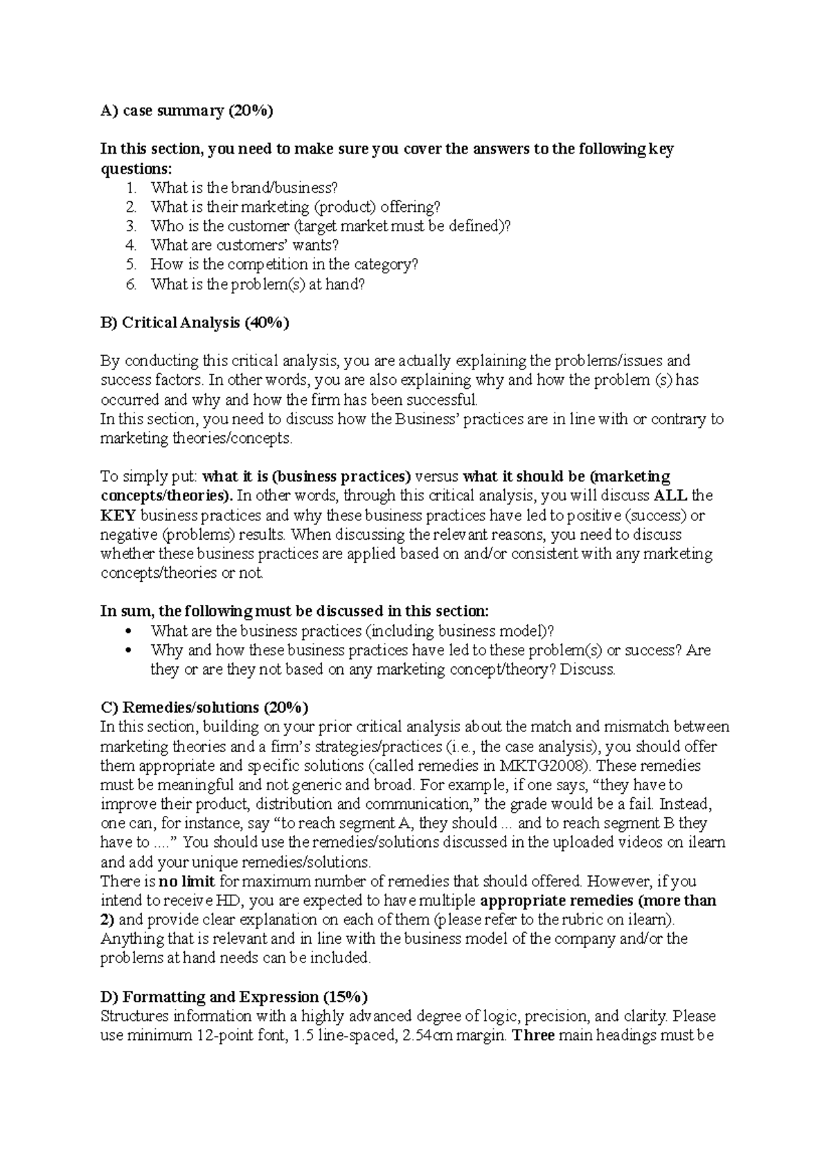 Case draft - Good details for assignment one - A) case summary (20%) In ...