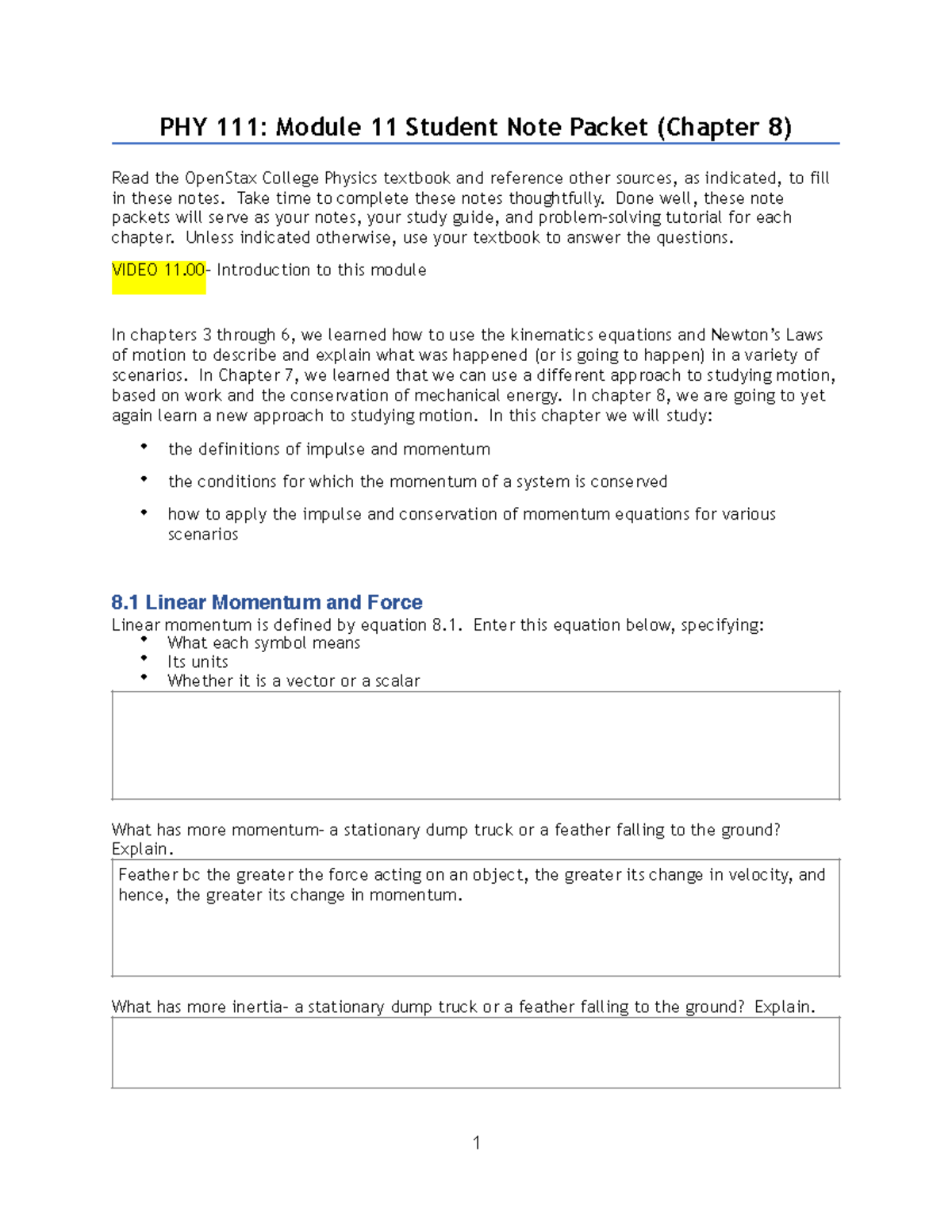 Module 11 STUDENT NOTE PACKET - PHY 111: Module 11 Student Note Packet ...