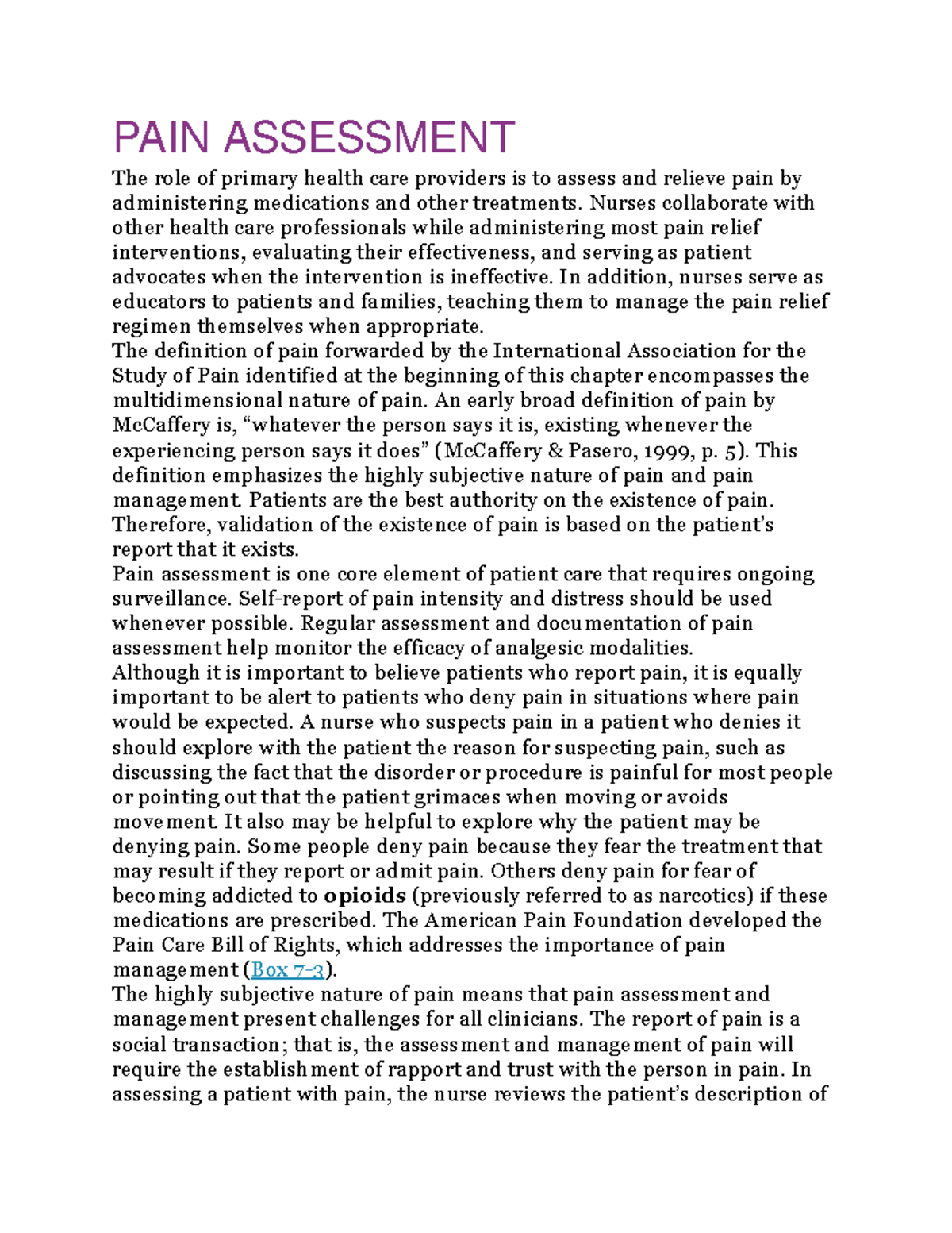 PAIN Assessment - Summary Nursing & Healthcare Vii: Adult Health And ...