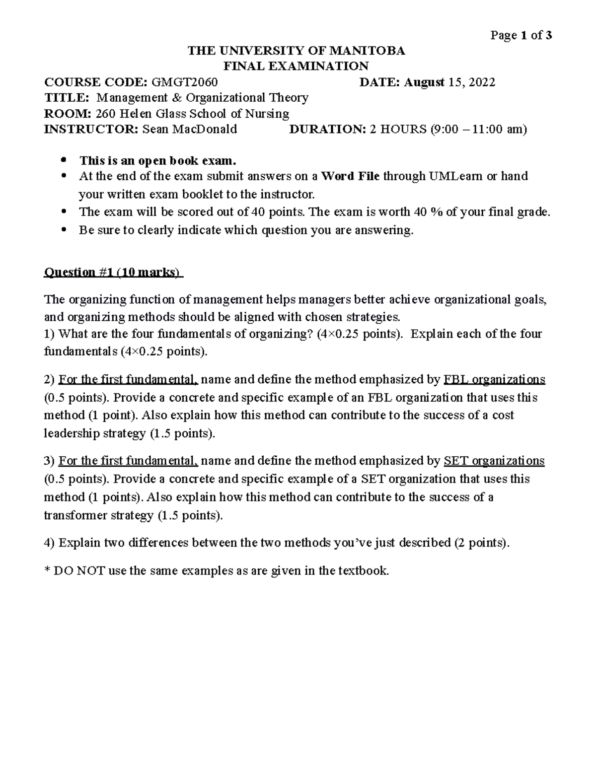 Final Exam-GMGT 2060 - Page 1 of 3 THE UNIVERSITY OF MANITOBA FINAL EXAMINATION COURSE CODE ...