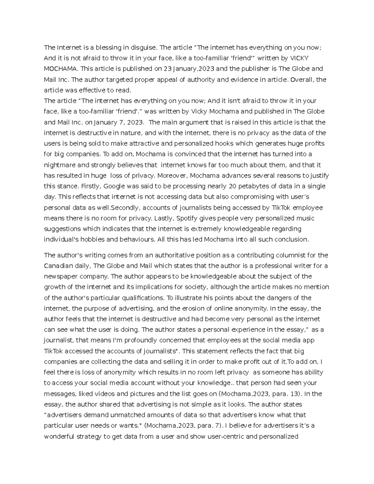 Critique Essay Final - The Internet is a blessing in disguise. The ...