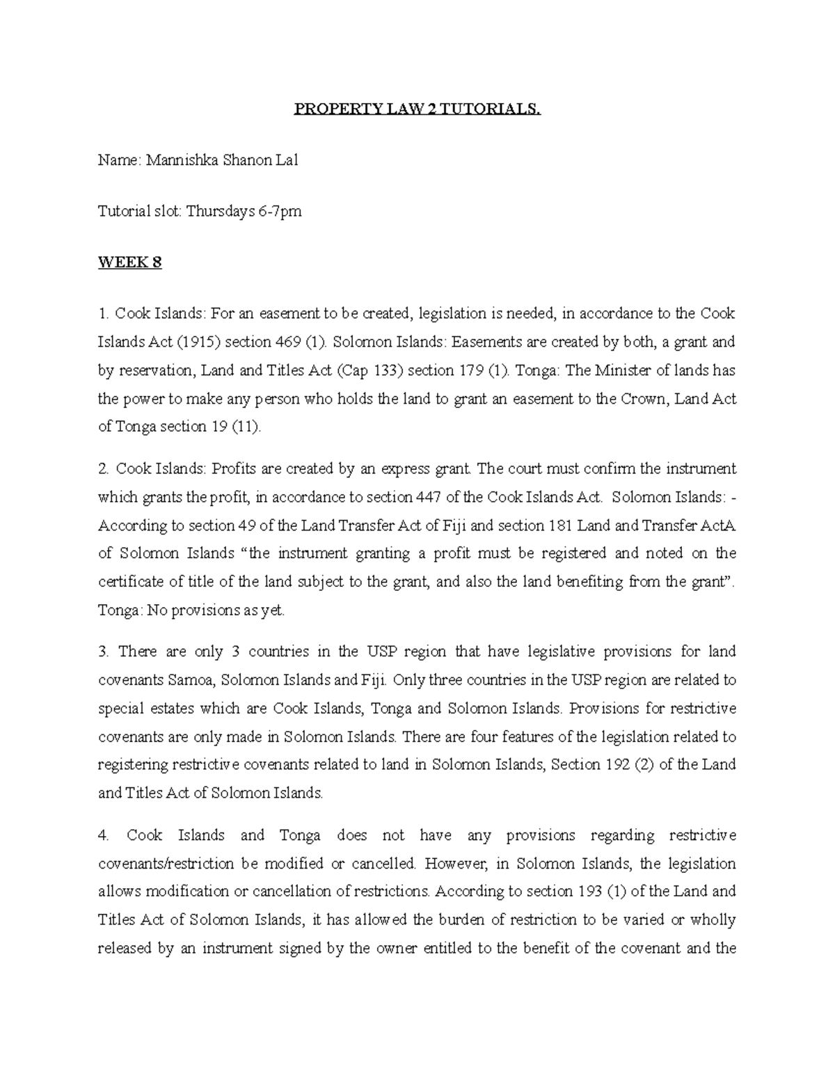 Mannishka Lal- Week 8 Lw301 Tutorial - PROPERTY LAW 2 TUTORIALS. Name ...