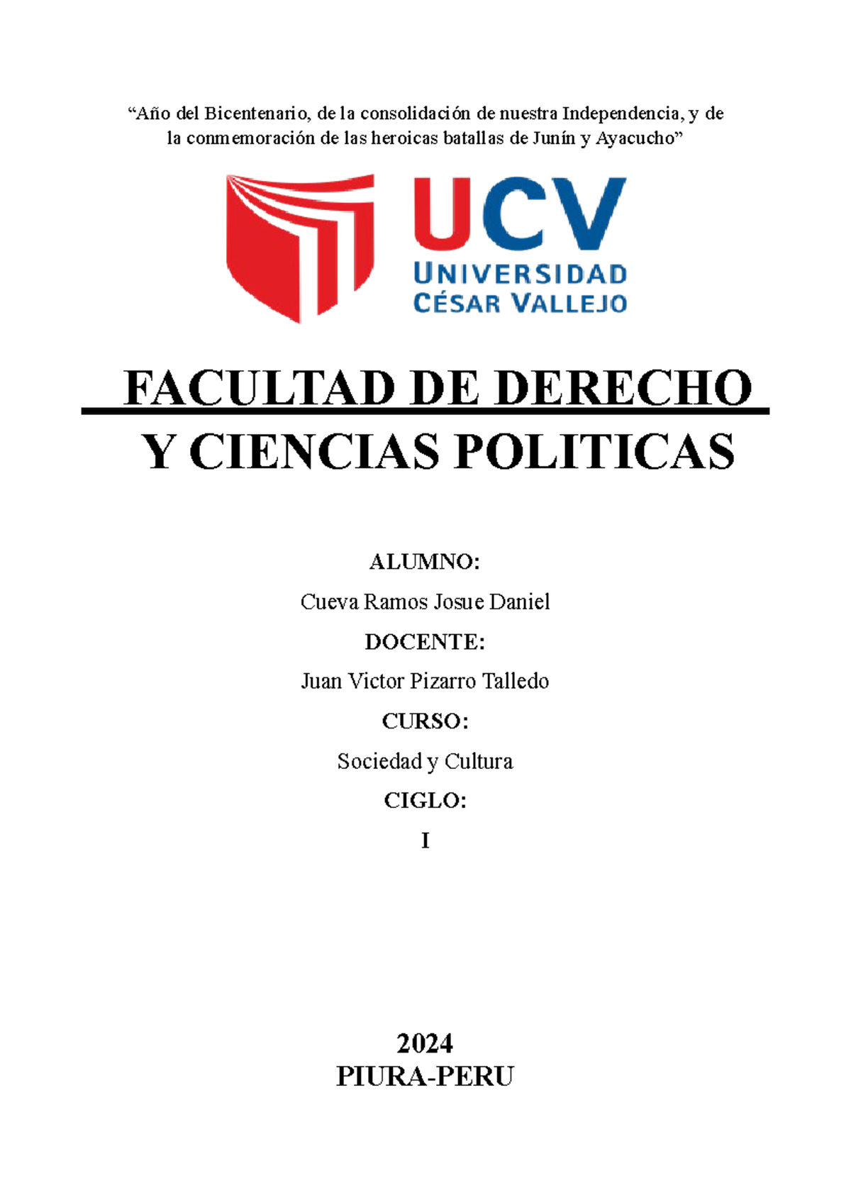 Caratula UCV - ucv - Pensamiento Lógico - “Año del Bicentenario, de la ...