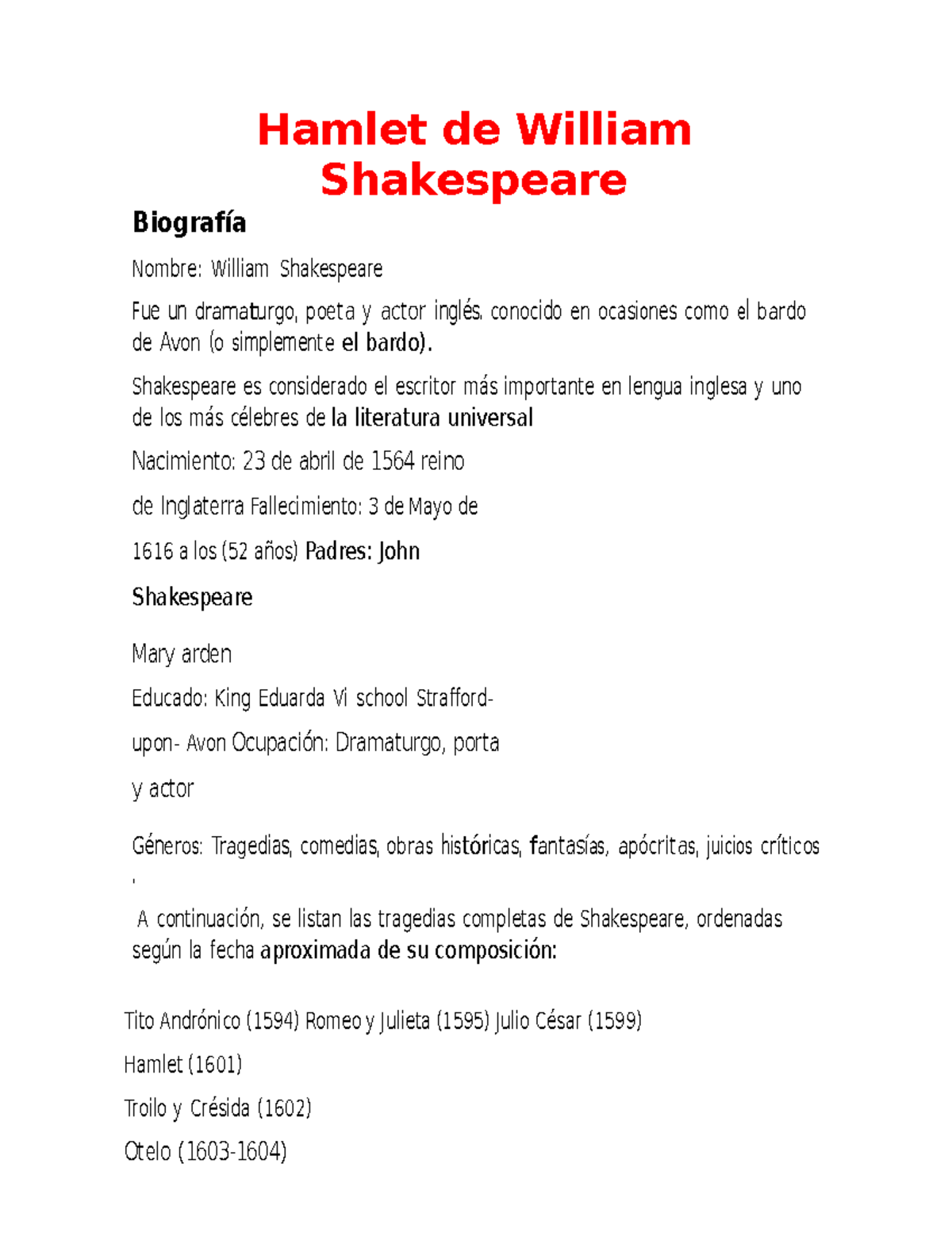 Hamlet de William Shakespeare - Hamlet de William Shakespeare Biografía ...