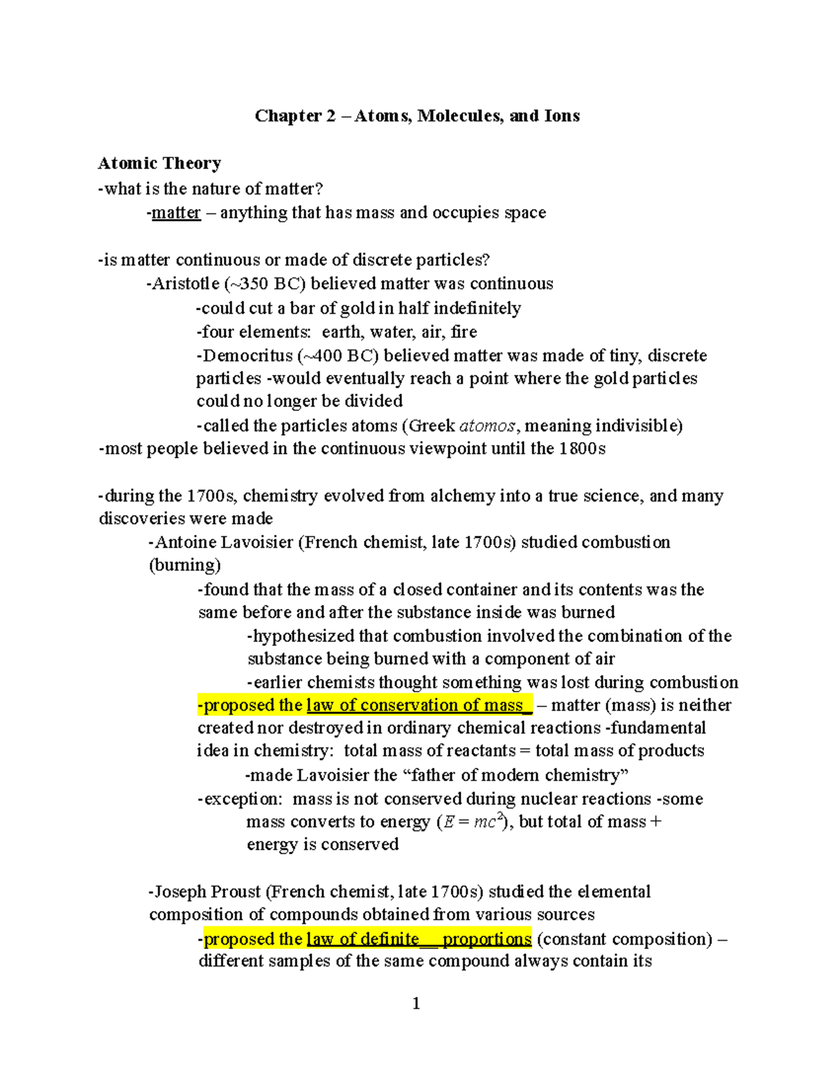 150 ch2 notes student - Chapter 2 – Atoms, Molecules, and Ions Atomic ...