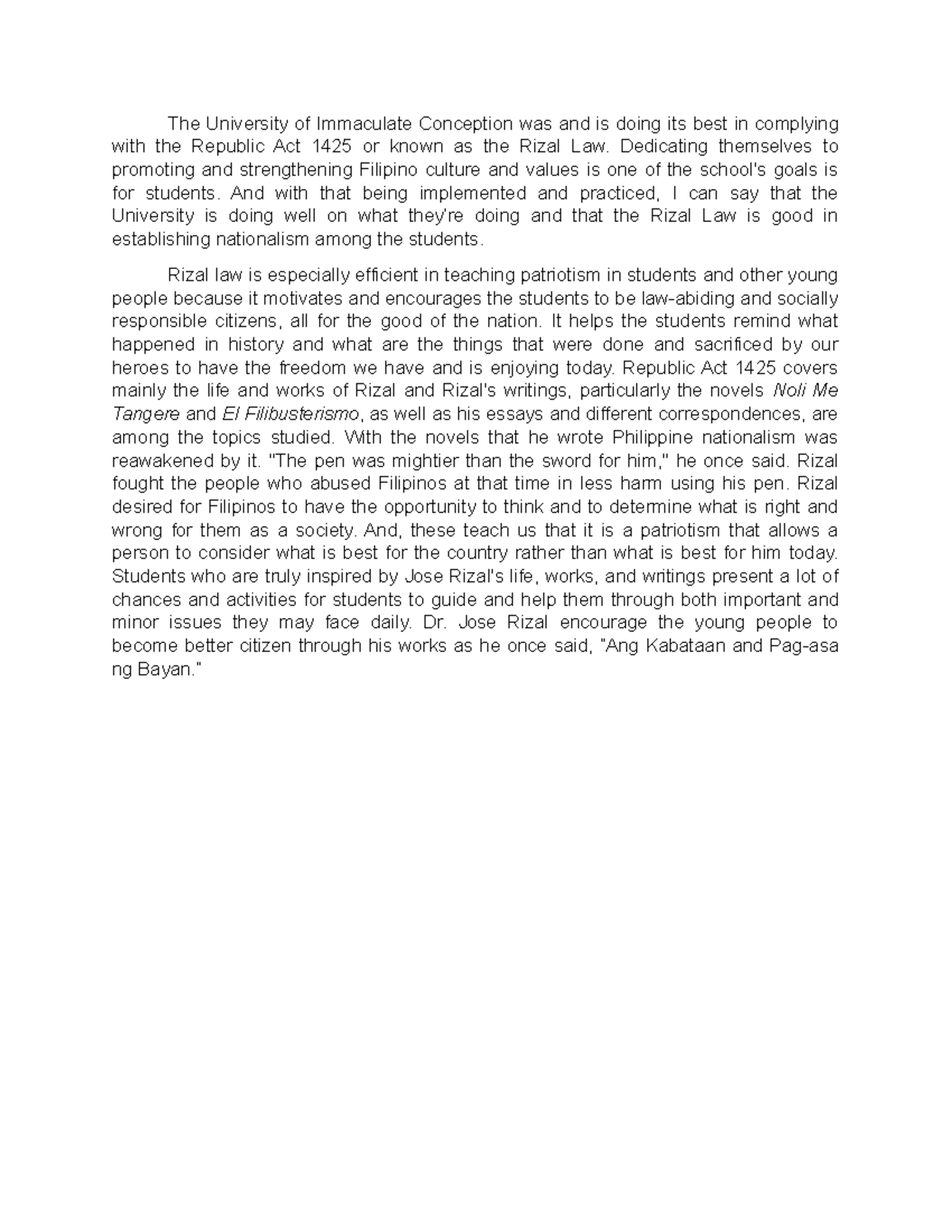 Life and Works of Rizal - The University of Immaculate Conception was ...