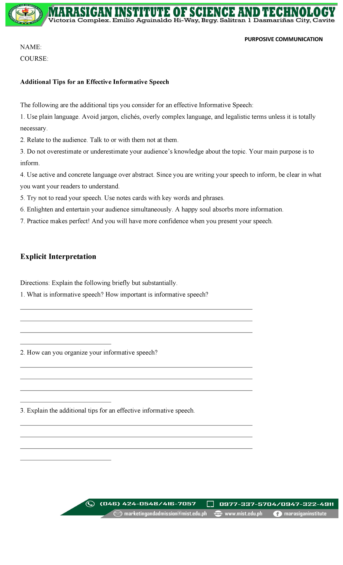 GE 1 Activity - GE 1 sample acitivity - PURPOSIVE COMMUNICATION NAME: COURSE: Additional Tips ...