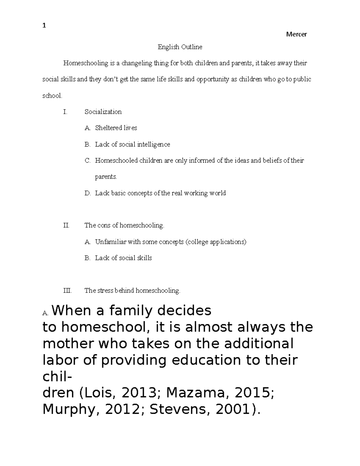 English Outline - Mercer English Outline Homeschooling is a changeling ...
