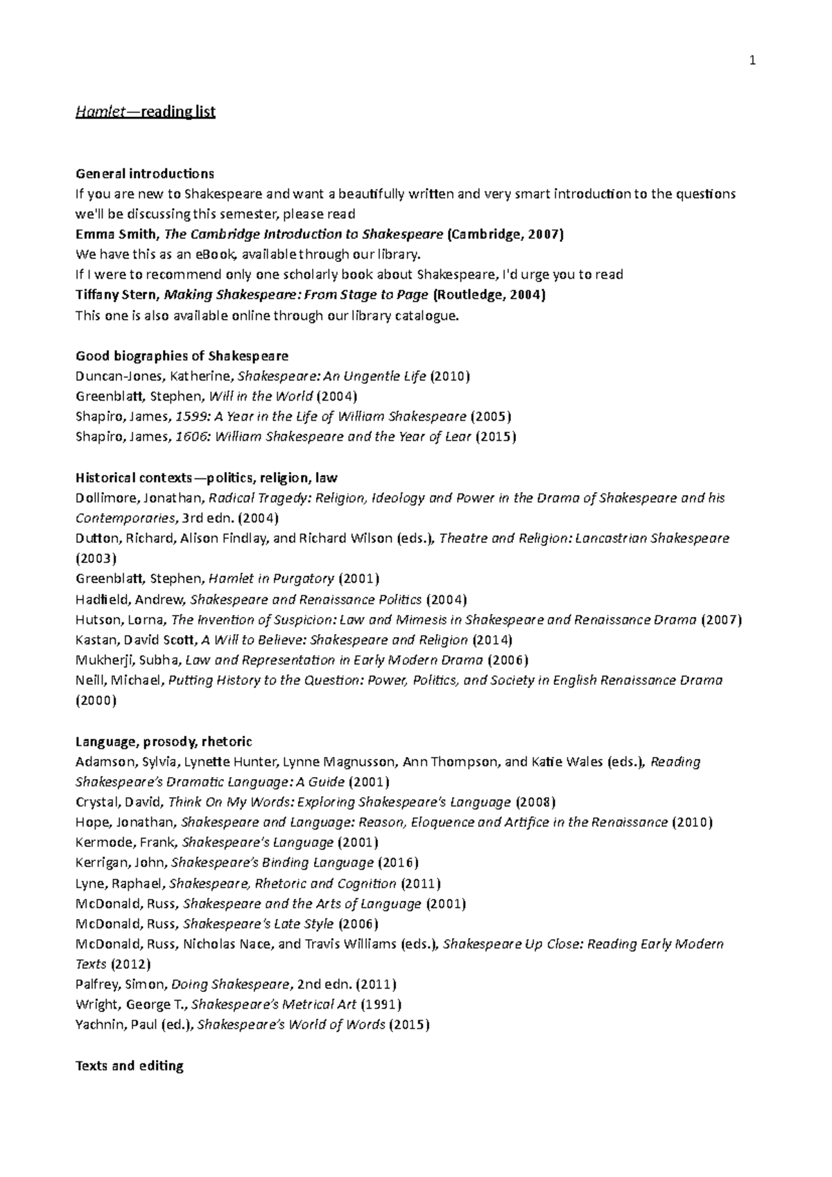 Hamlet - reading list 2021 - 1 Hamlet —reading list General ...