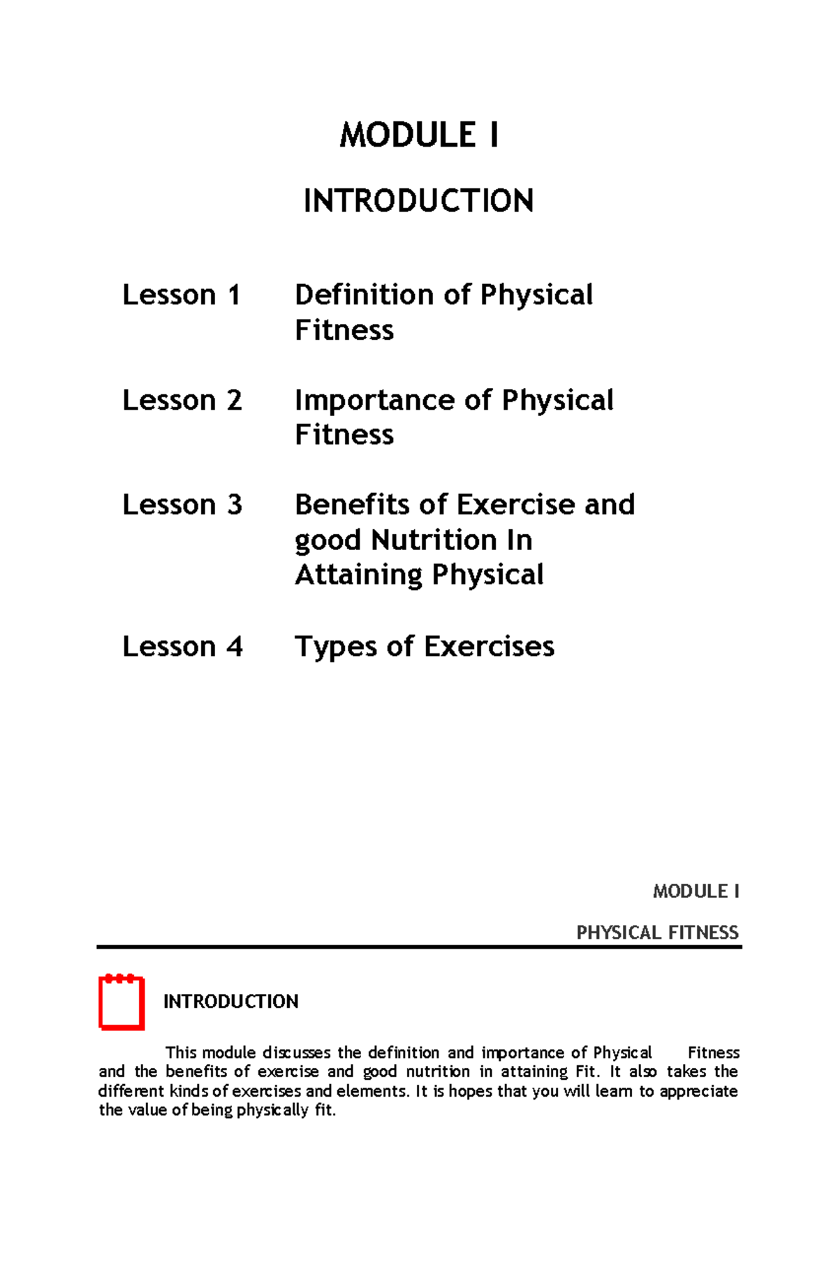 PE 101. Module I.docx for google classroom - INTRODUCTION MODULE I INTRODUCTION Lesson 1 - Studocu