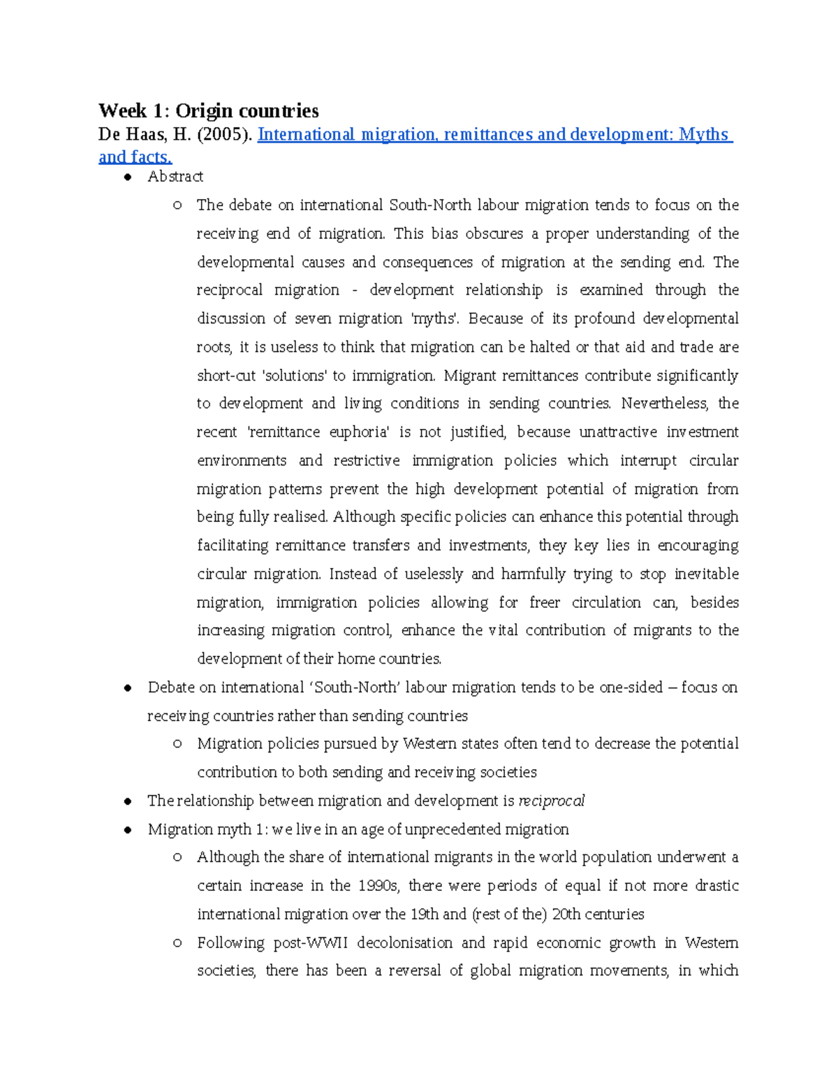 Migration and Citizenship - Week 1: Origin countries De Haas, H. (2005 ...