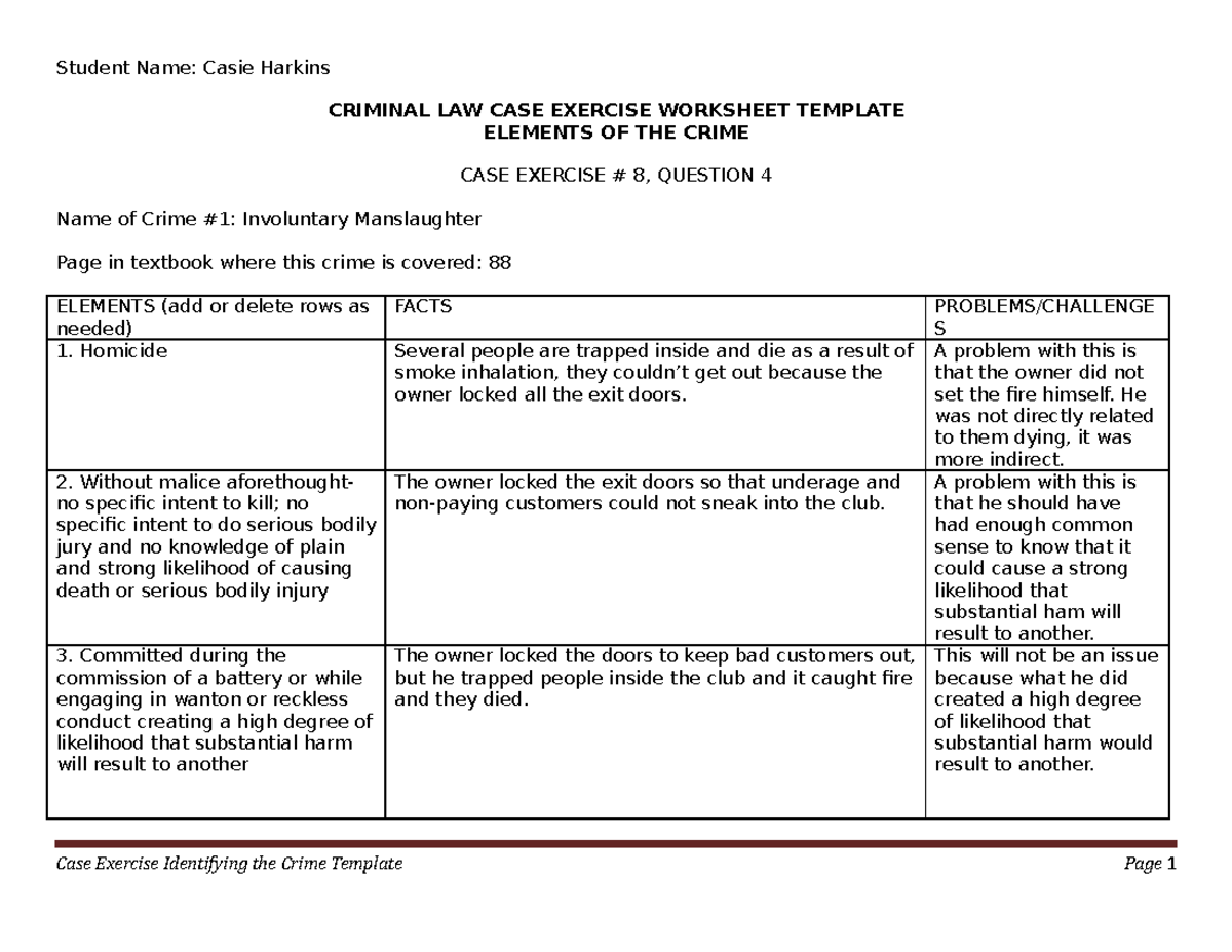 Criminal law case exercise 8, problem 4 - Student Name: Casie Harkins ...