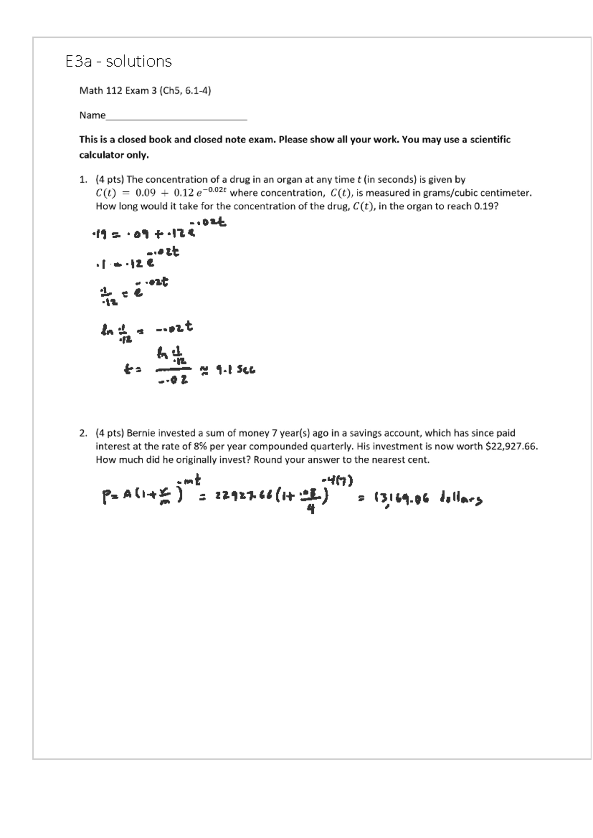 Exam 3 - solutions - Practice materials from class - E3a solutions Math ...