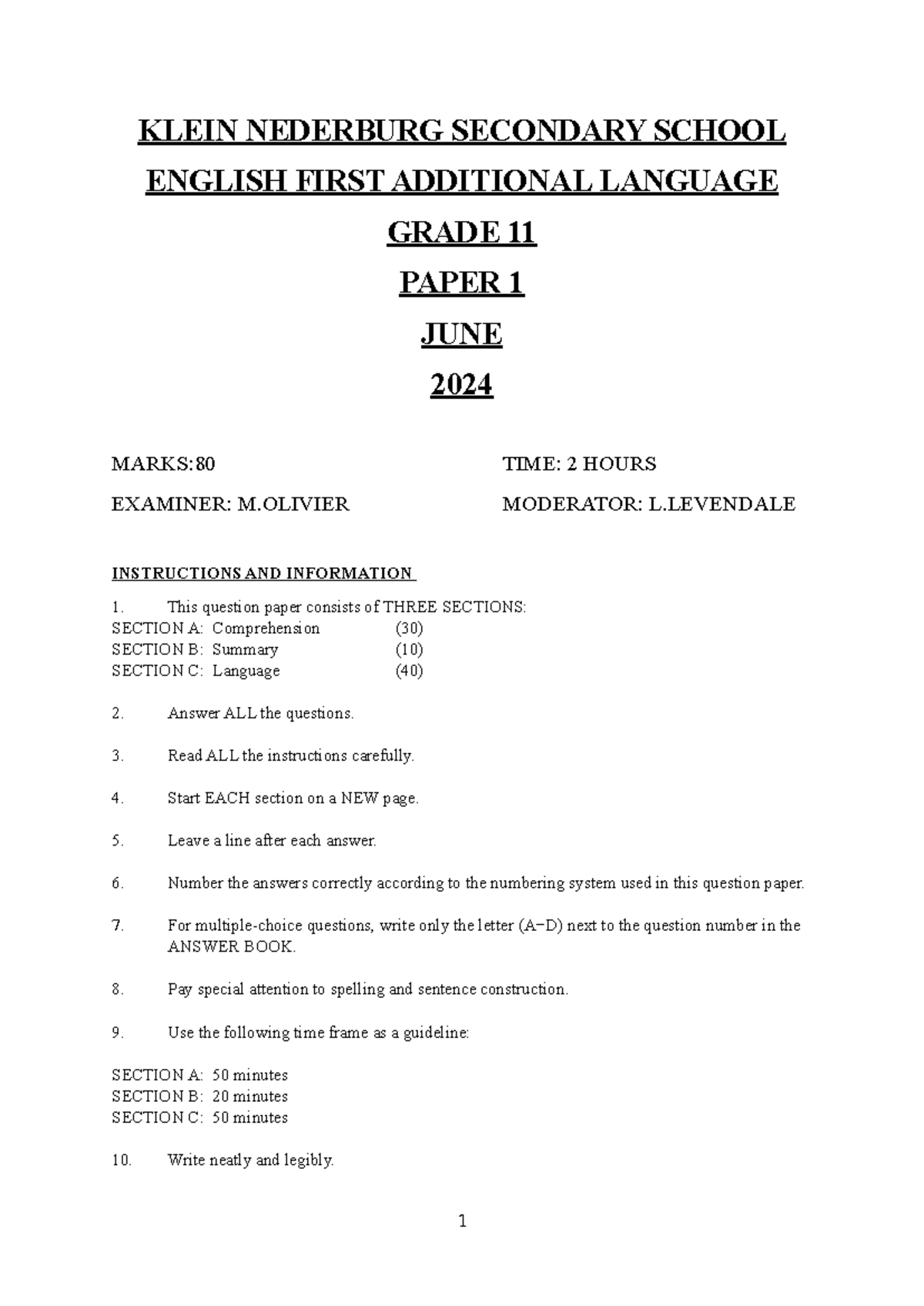 Grade 11-june - Question paper - KLEIN NEDERBURG SECONDARY SCHOOL ...