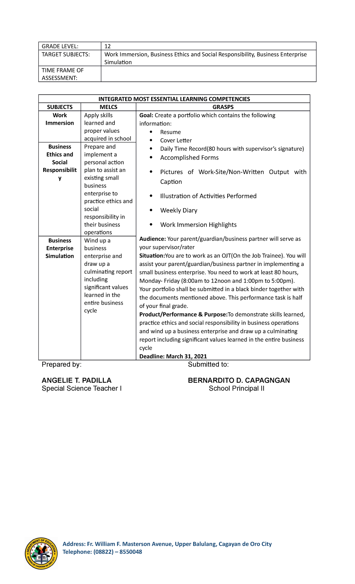 Work Immersion Performance Task For Grade 12 Students Culminating