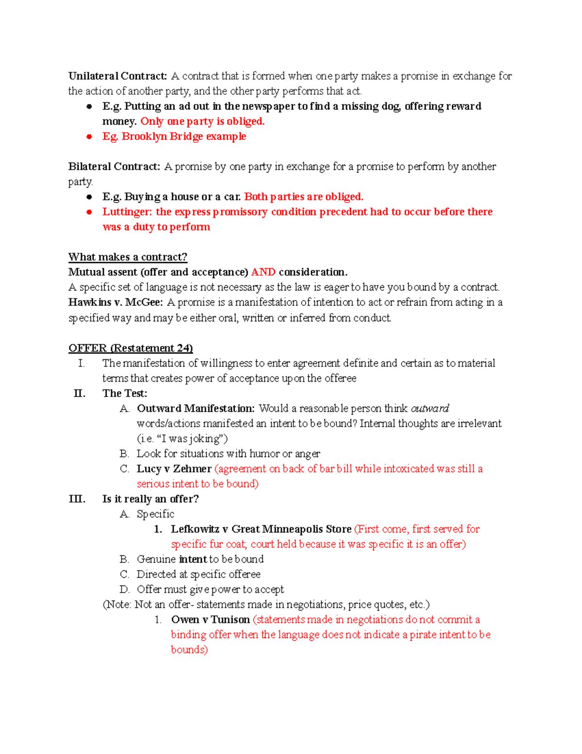 Contracts Study Outline - Unilateral Contract: A contract that is ...