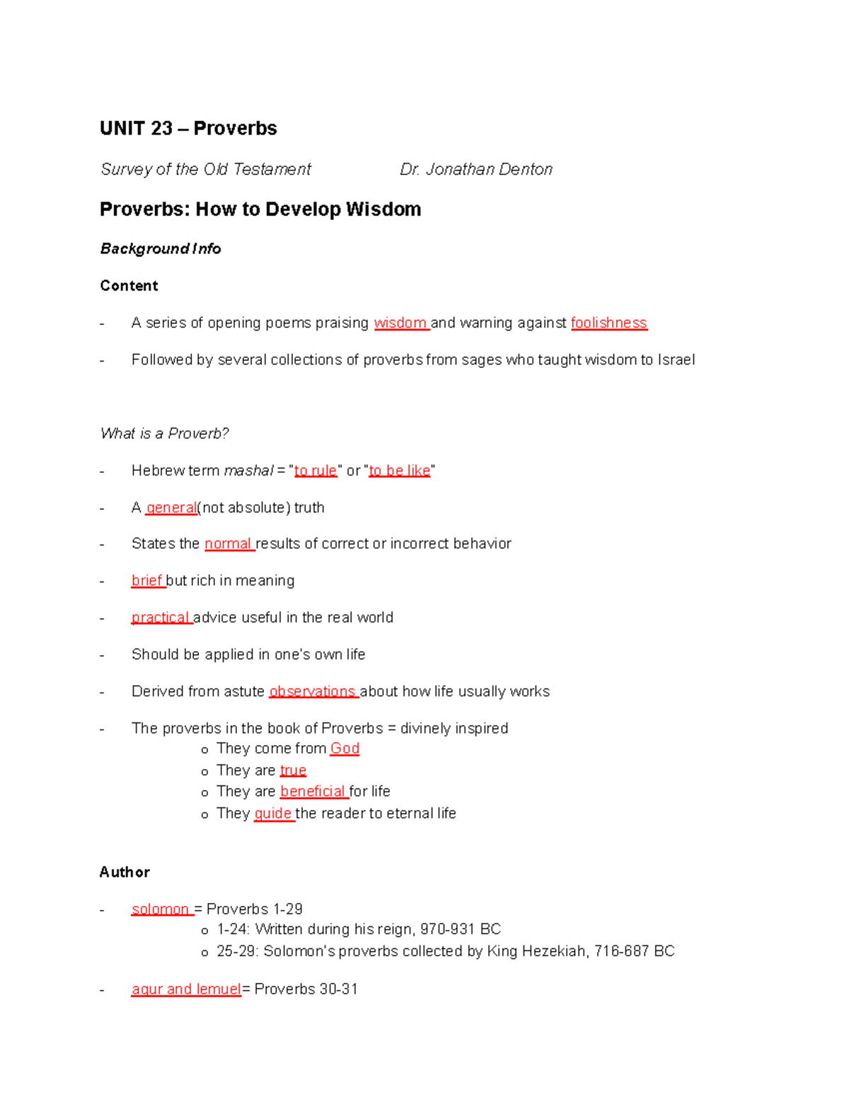 UNIT 23 – Proverbs - Filled in lecture notes - UNIT 23 – Proverbs ...