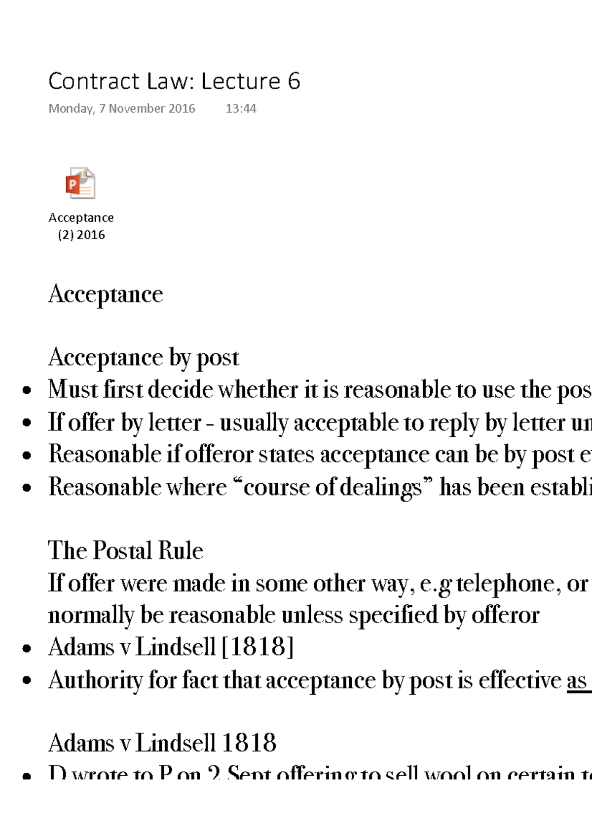 Contract Law Lecture 6 Acceptance - Studocu