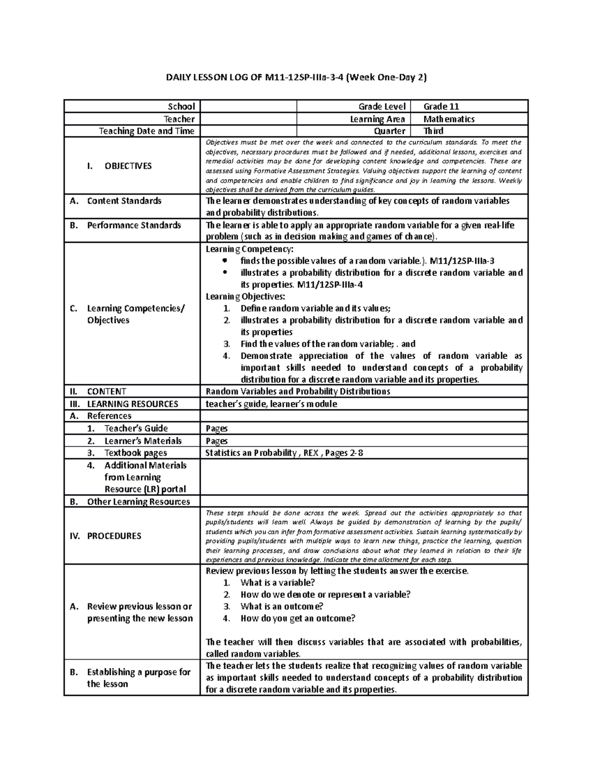 SP III-2 statistics - DAILY LESSON LOG OF M11-12SP-IIIa-3-4 (Week One ...