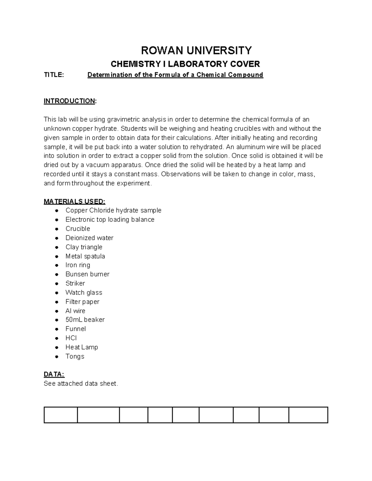 Formula Chem Compound Lab - ROWAN UNIVERSITY CHEMISTRY I LABORATORY ...