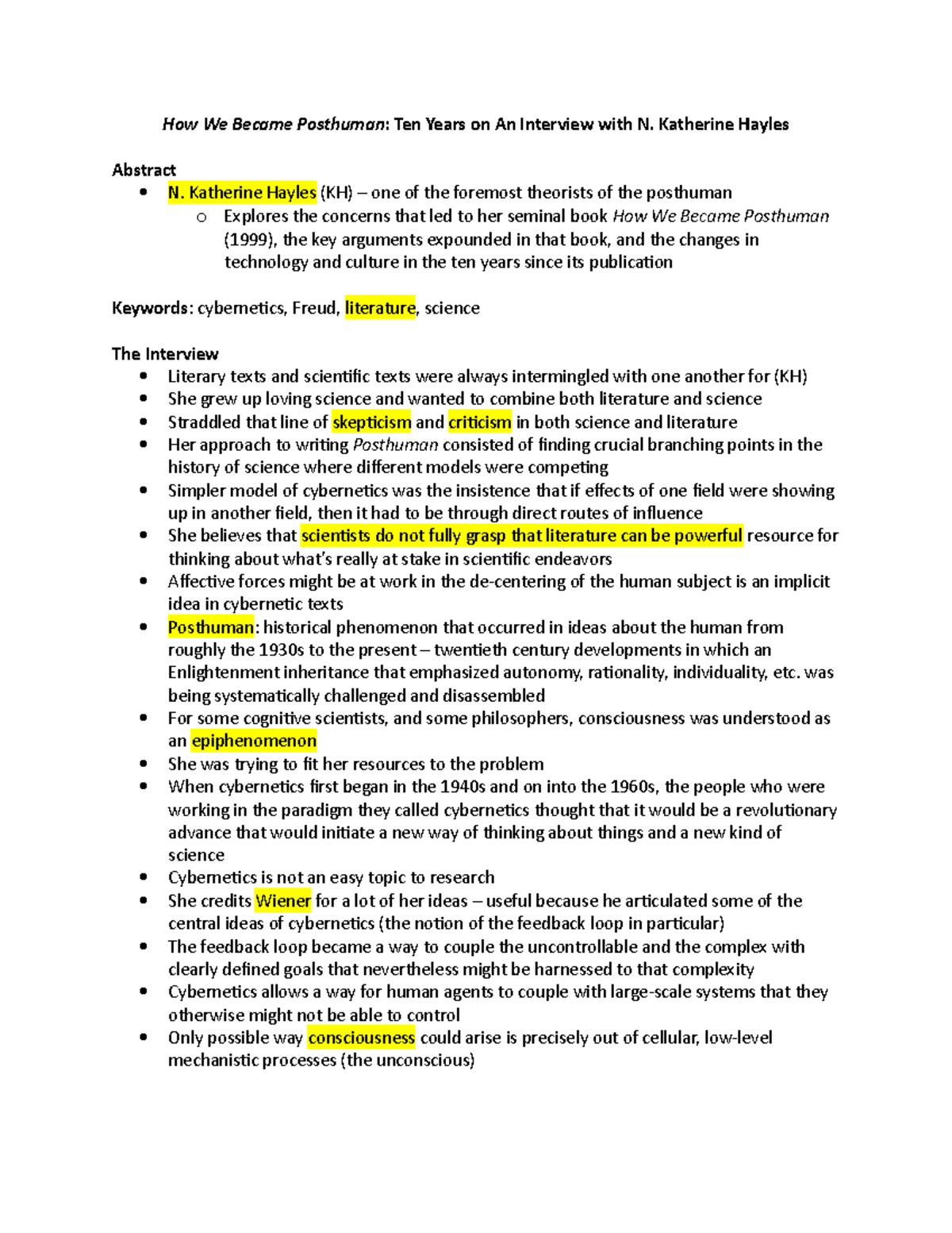 How We Became Posthuman - Key Points - How We Became Posthuman: Ten ...
