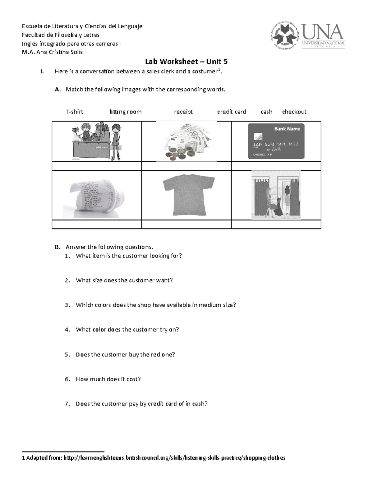 Lab Worksheet - Shopping clothes-Camden - Escuela de Literatura y ...