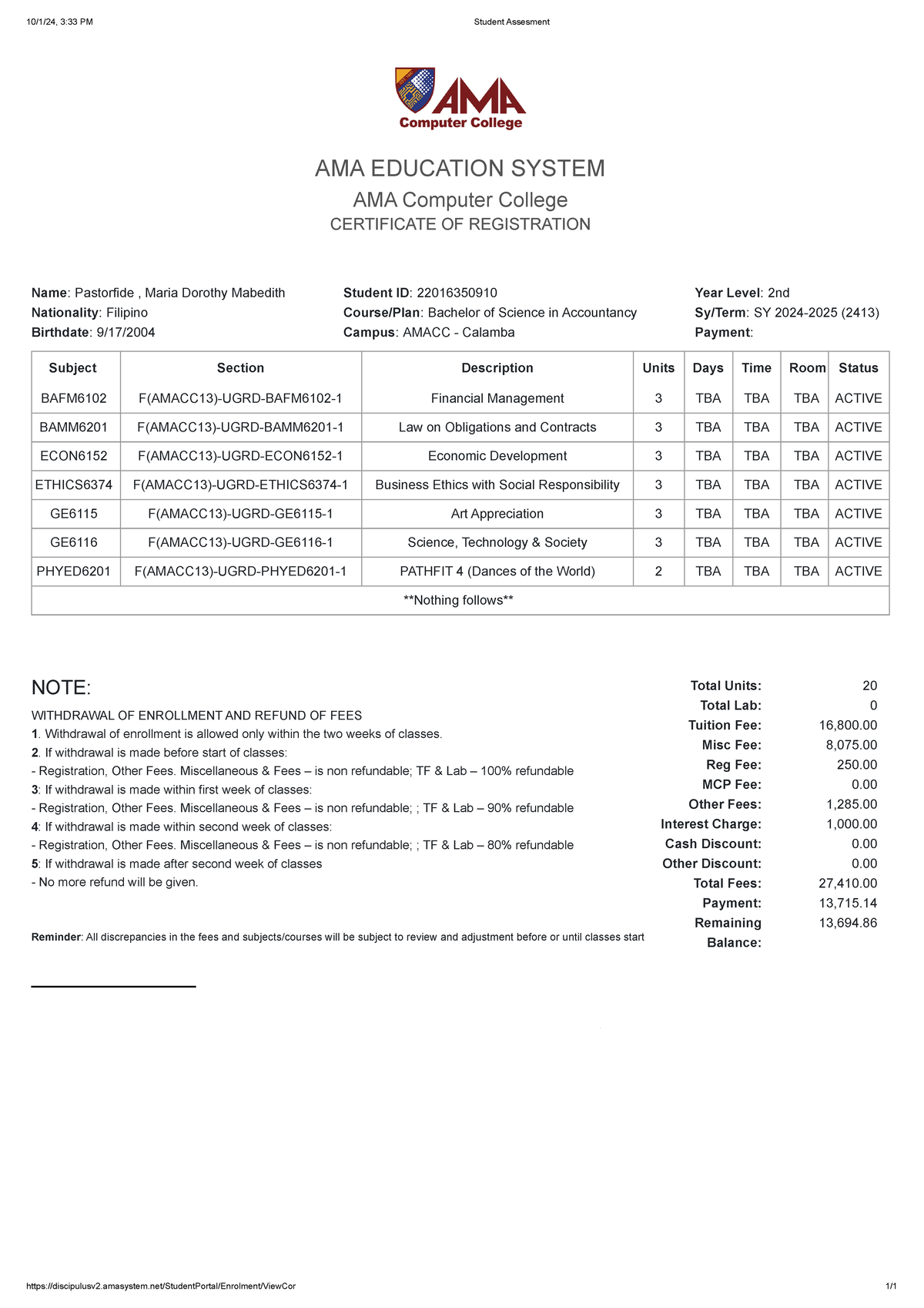 Maria Dorothy Mabedith Pastorfide COR - AMA EDUCATION SYSTEM AMA ...