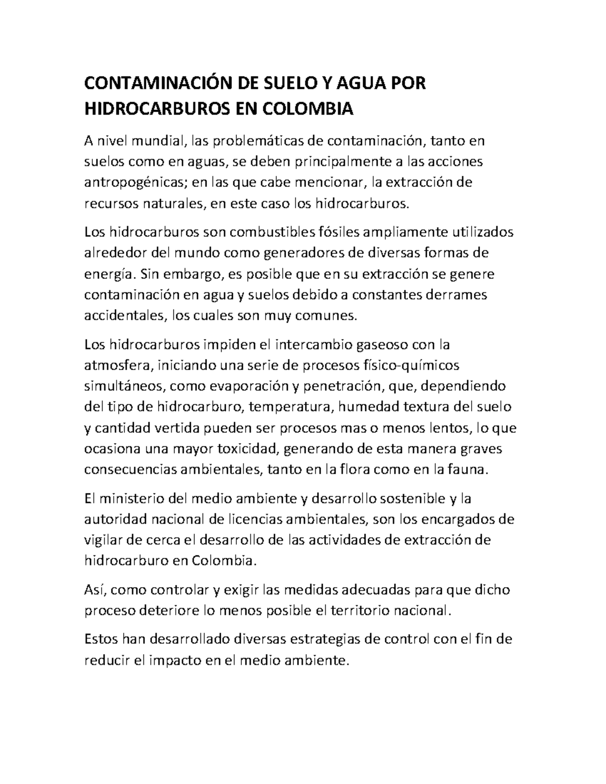 Contaminación DE Suelo Y AGUA POR Hidrocarburos EN Colombia - CONTAMINACI”N DE SUELO Y AGUA POR ...