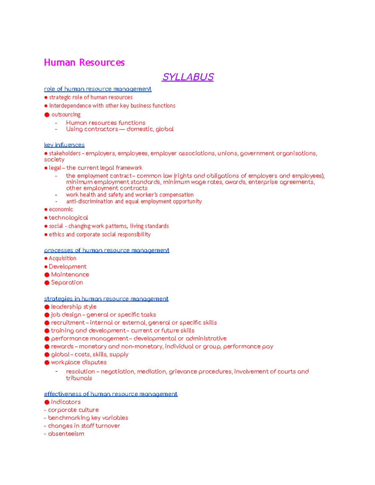 Business Human Resources Notes HSC - Human Resources SYLLABUS role of ...