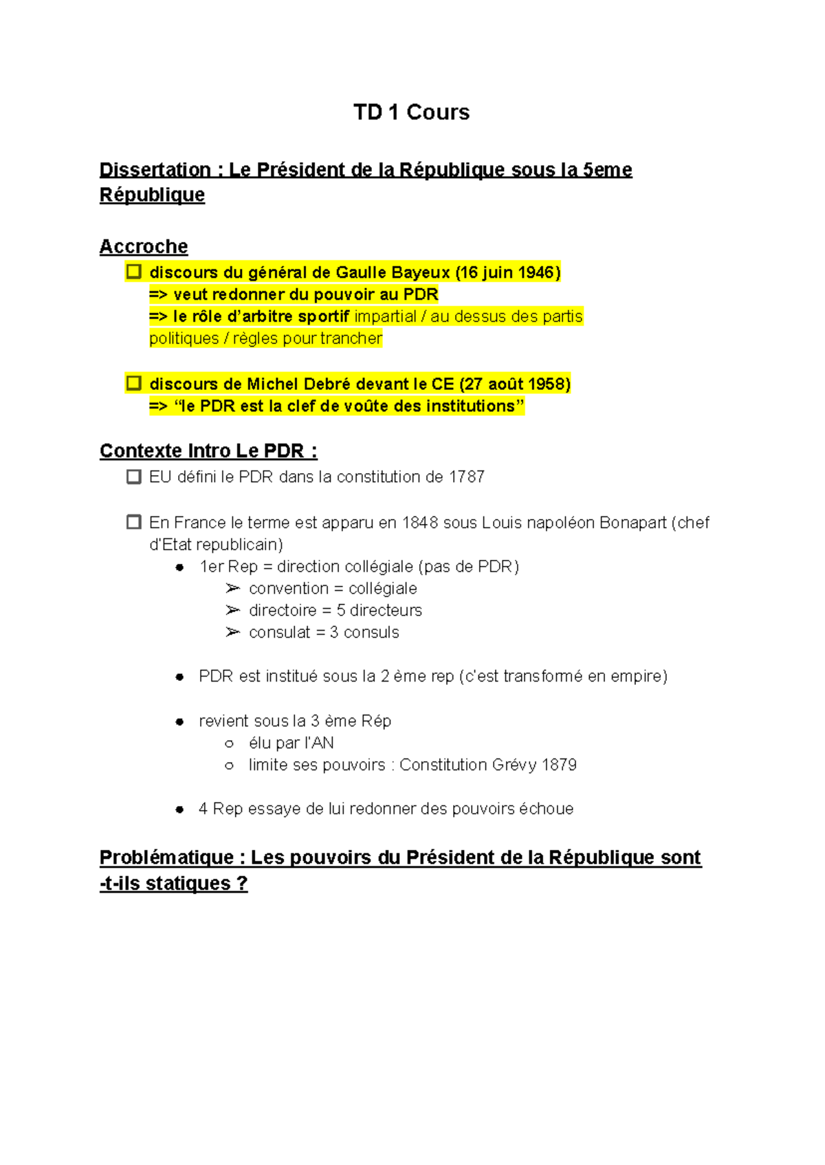 TD 1 Cours - TD 1 Cours Dissertation : Le Président de la République sous la 5eme République ...